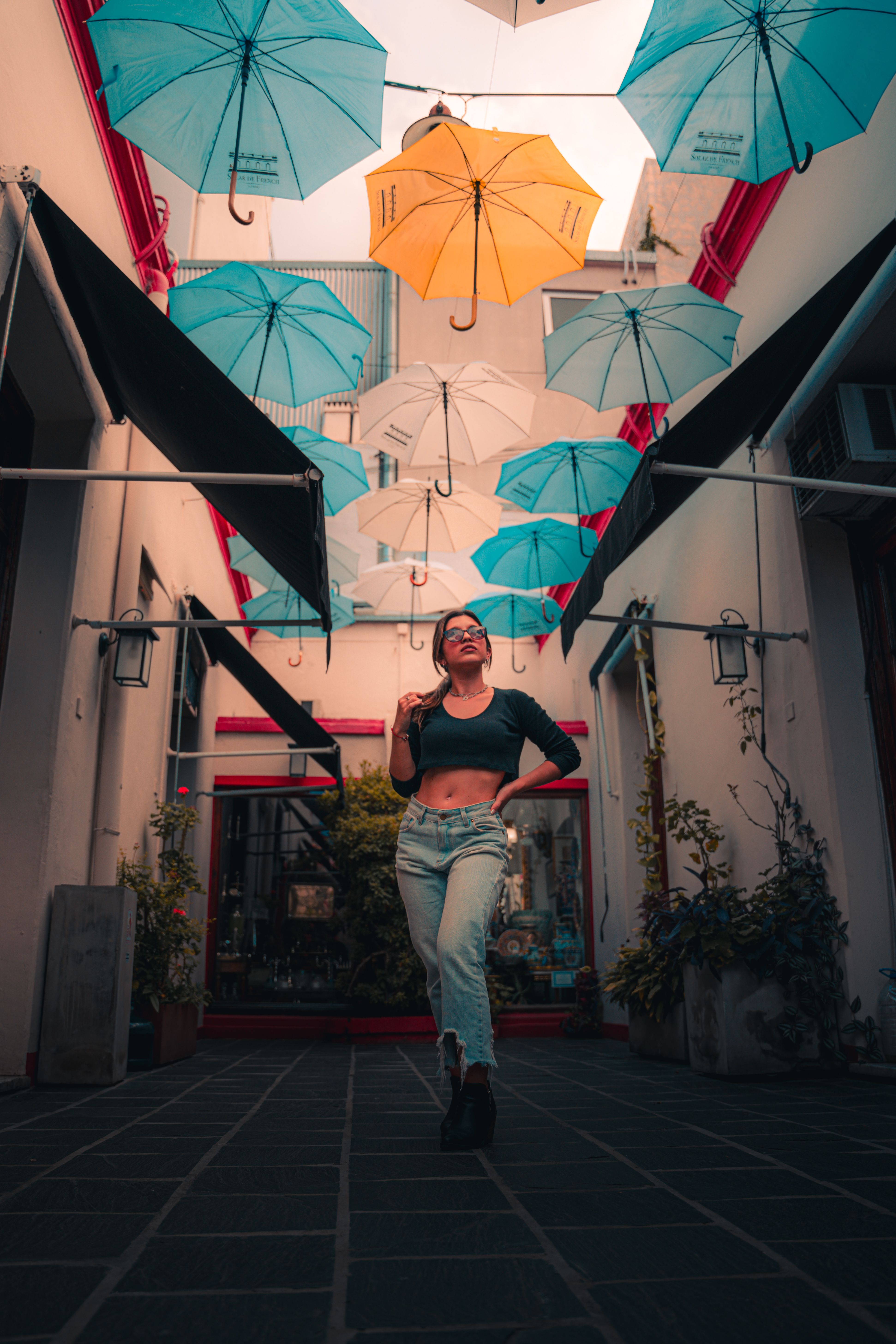 Woman Standing under Umbrellas in Alley in Town · Free Stock Photo