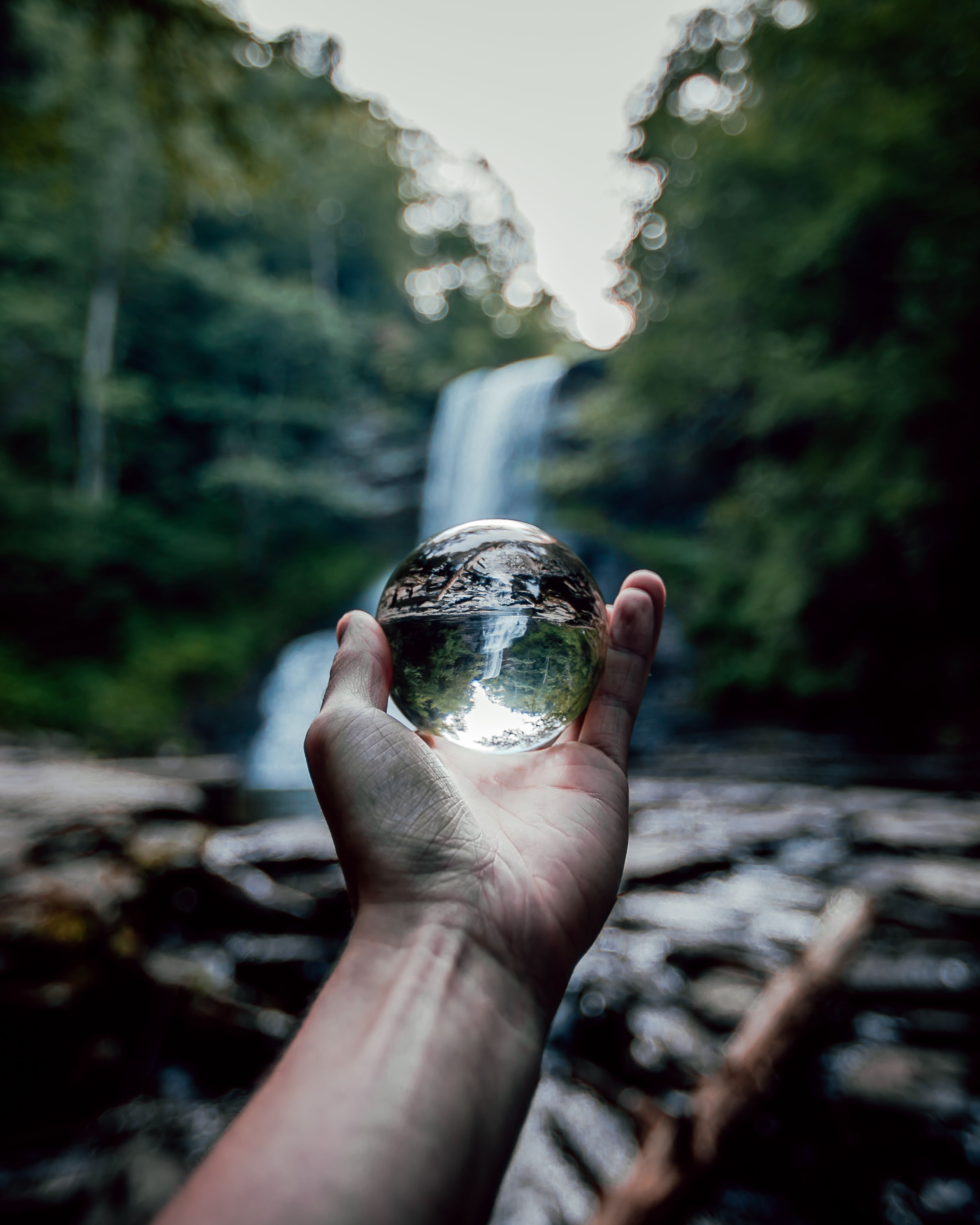 Hand of a Person Holding a Glass Sphere against a Waterfall · Free ...
