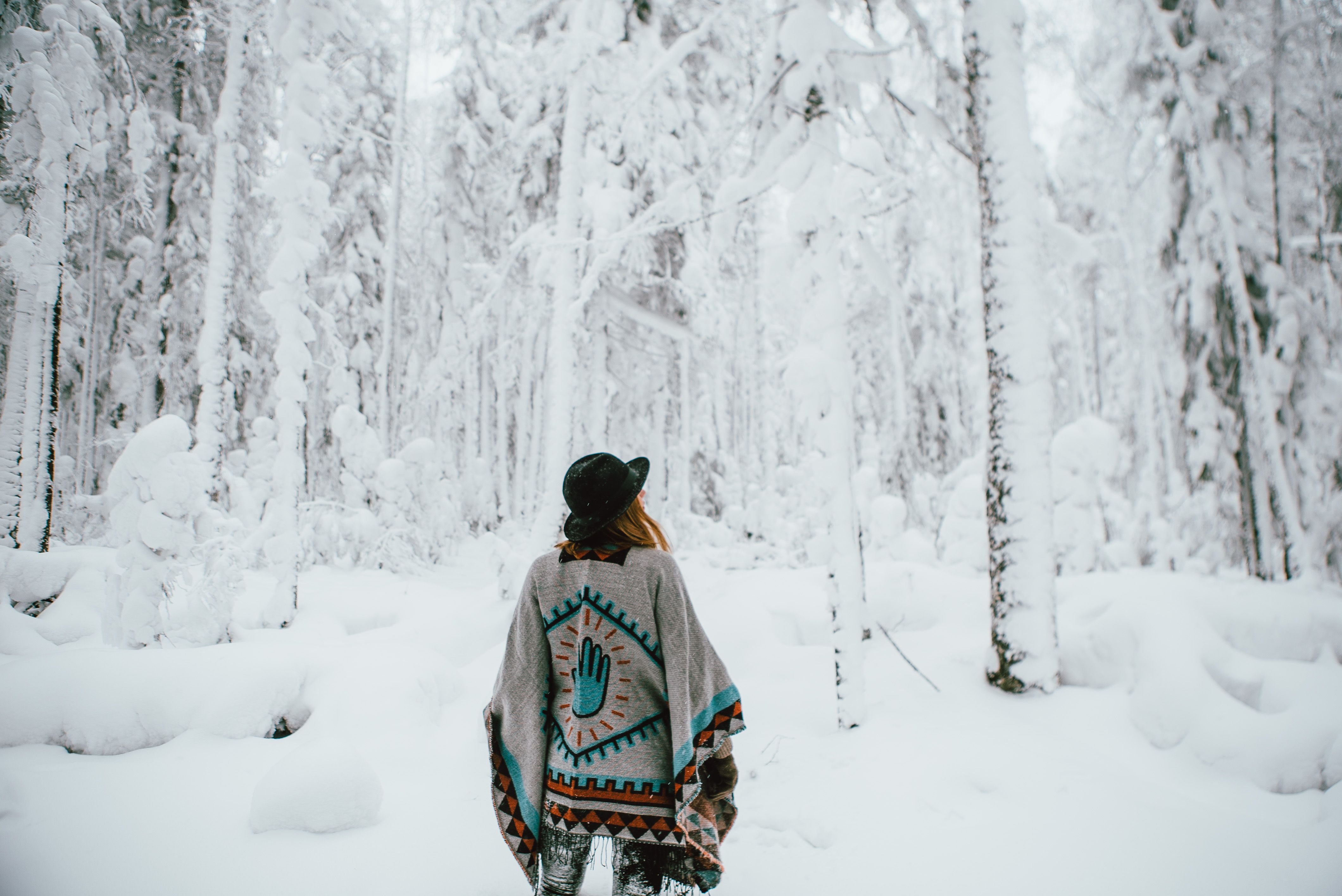 Back View of a Woman Wearing a Poncho Standing in a Snowy Forest · Free ...