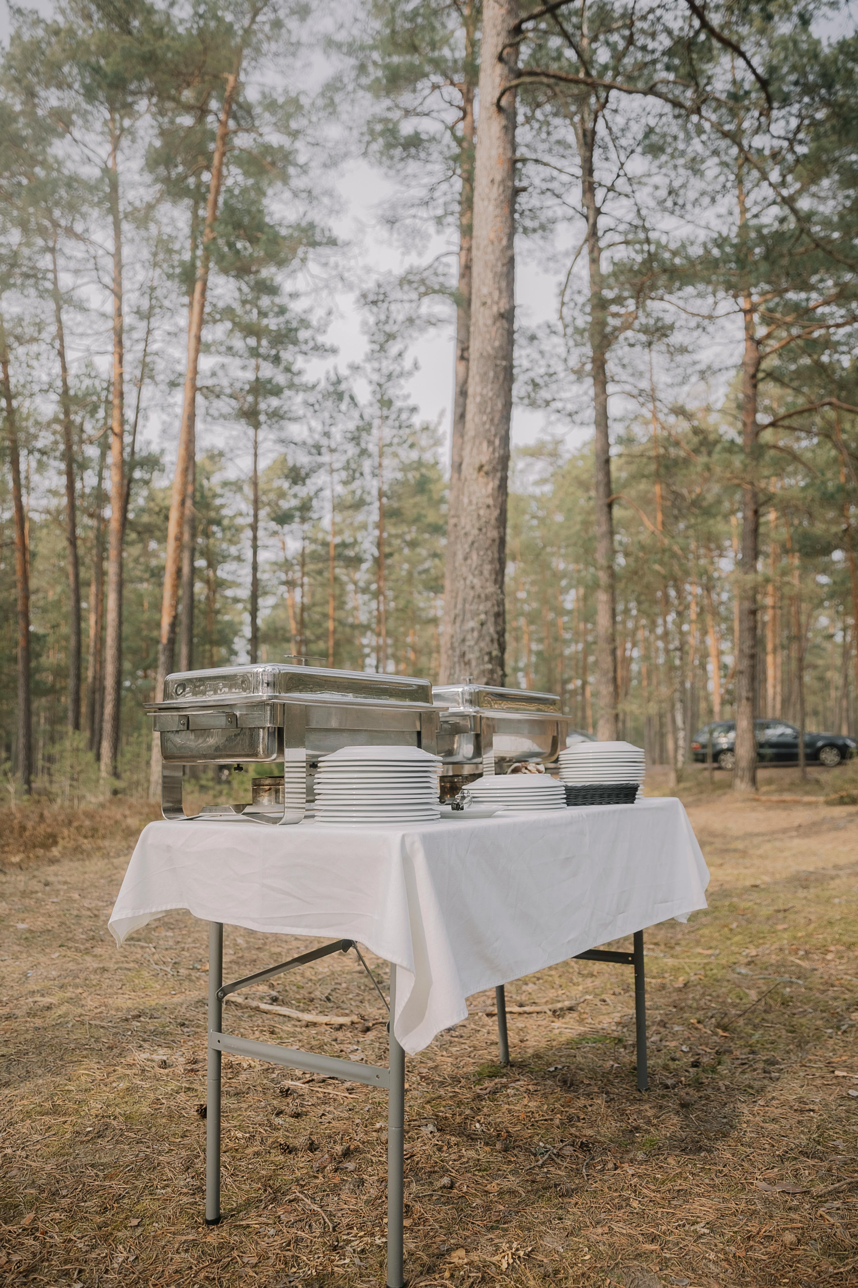Table with Plates and Boxes in Forest · Free Stock Photo