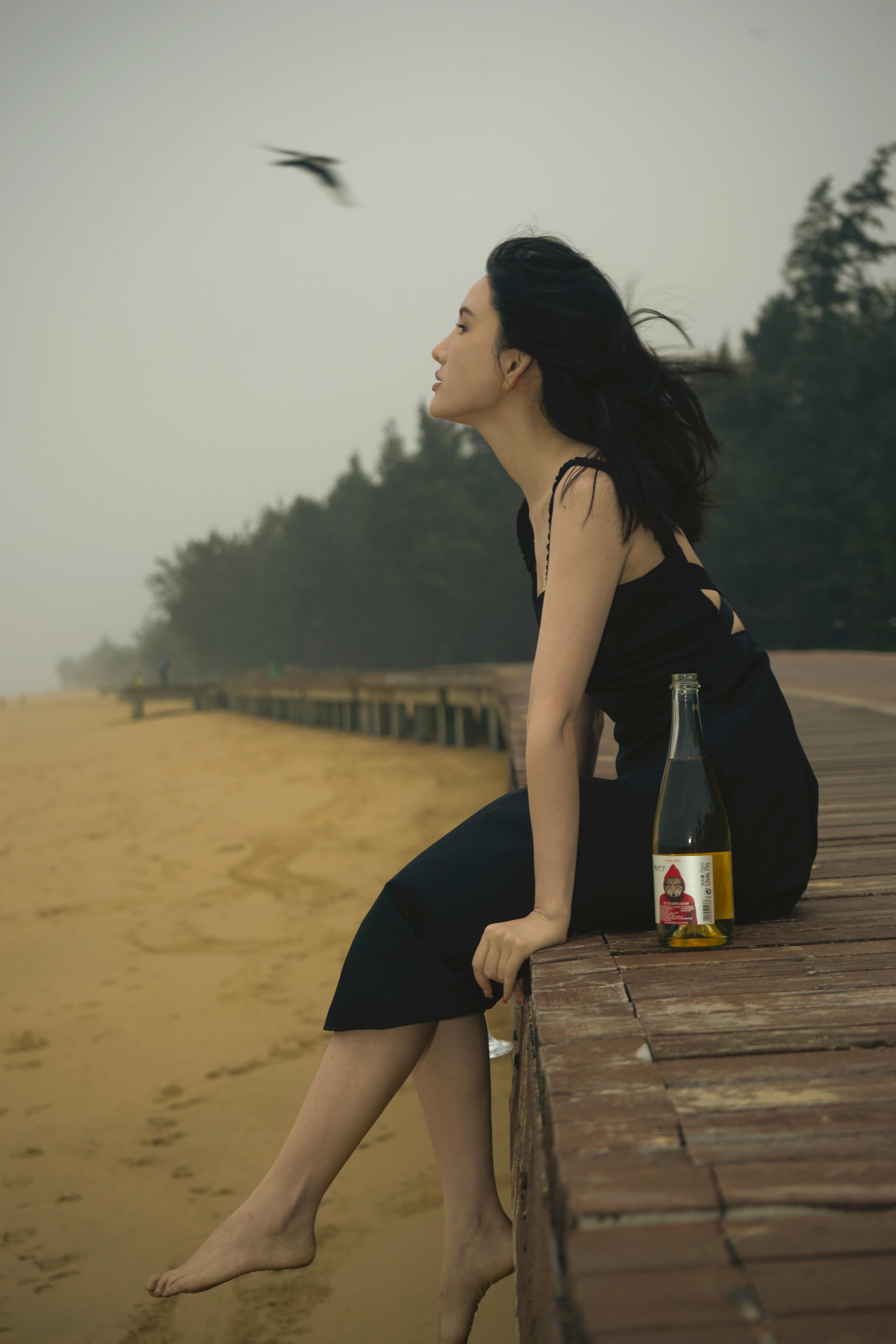 Woman in Black Dress Sitting with Alcohol Bottle on Beach · Free Stock ...