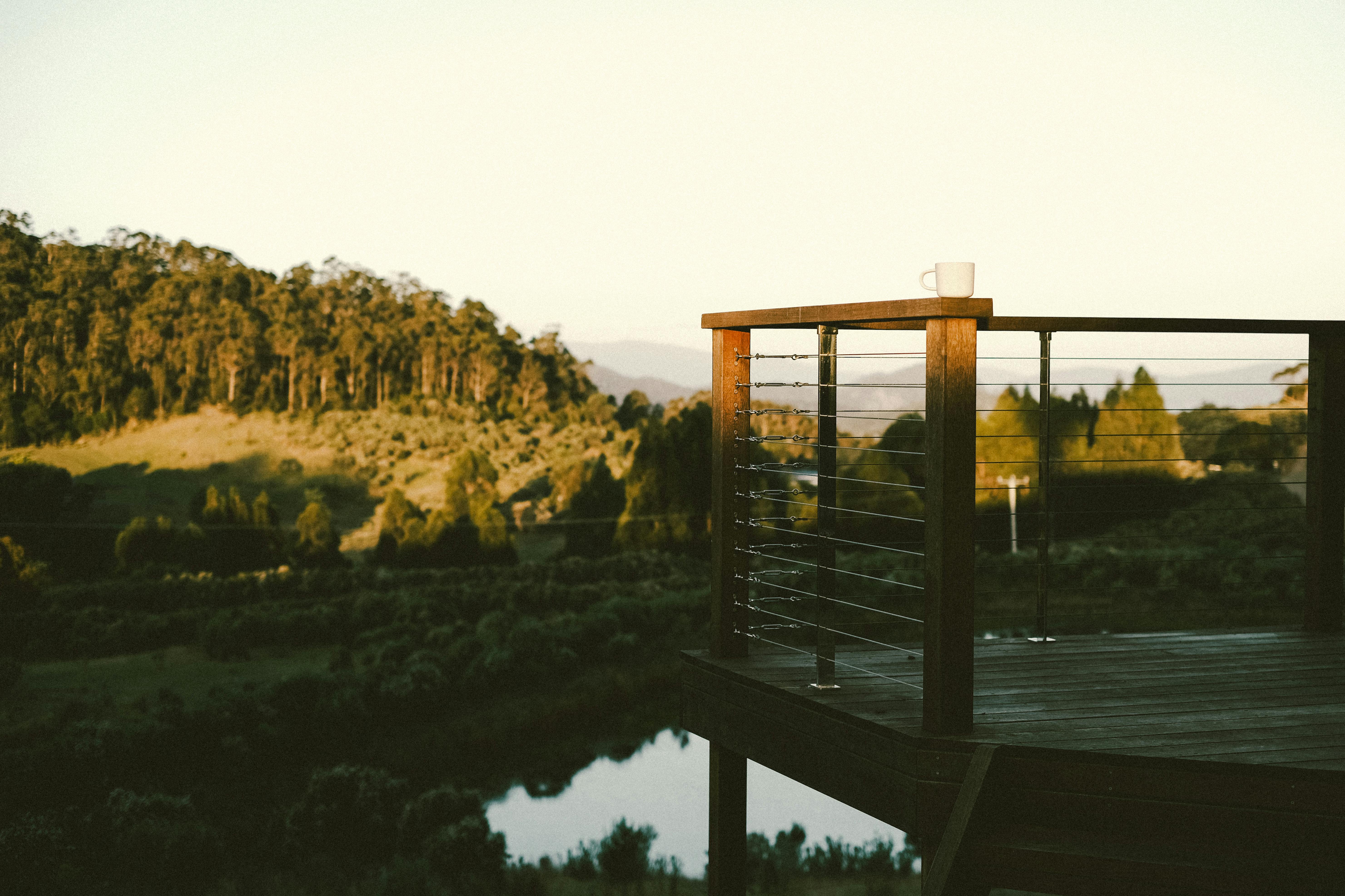 Terrace Overlooking a Pond and a Forest Hill · Free Stock Photo
