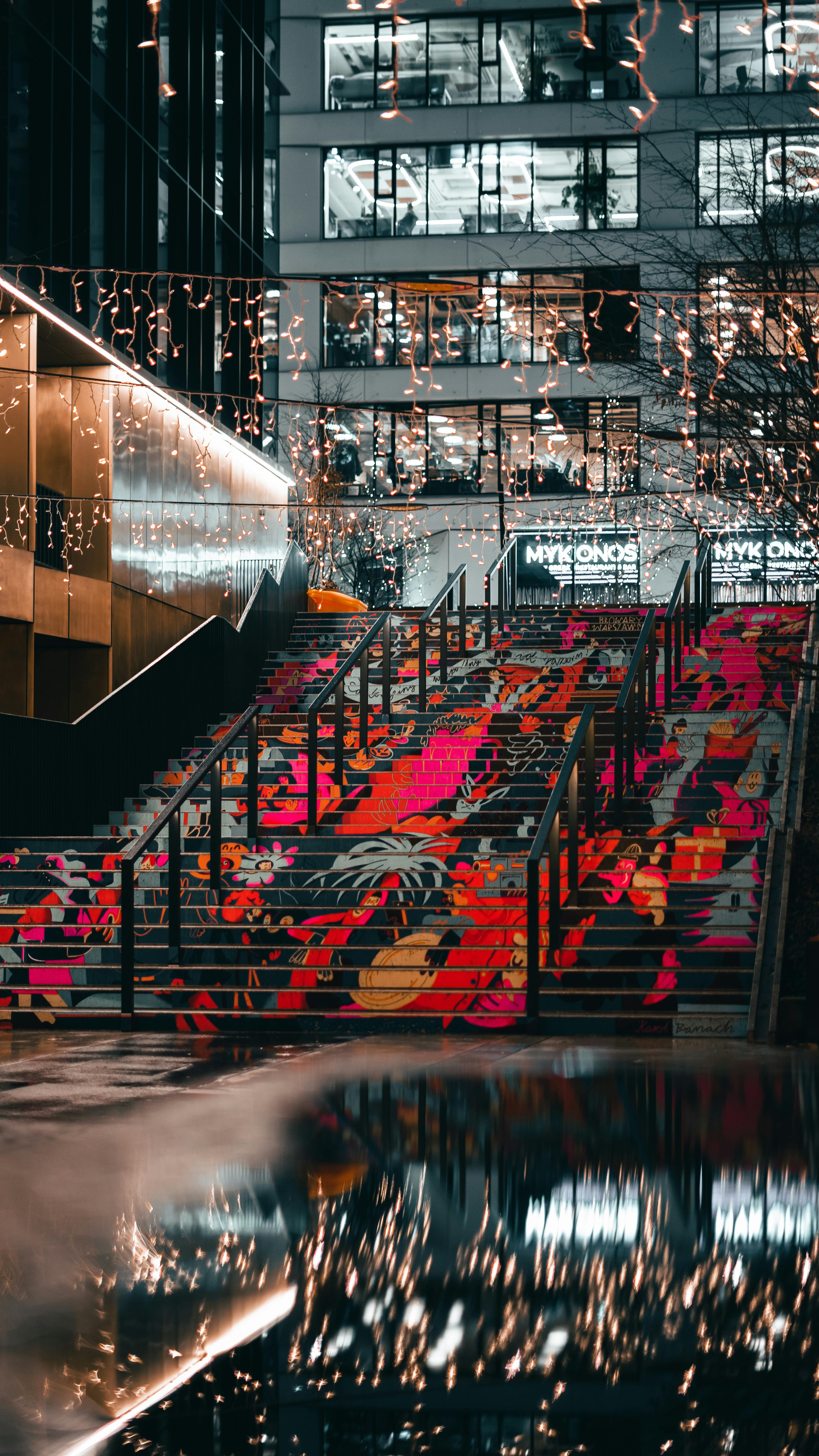 Reflective Puddle in front of Painted Staircase · Free Stock Photo