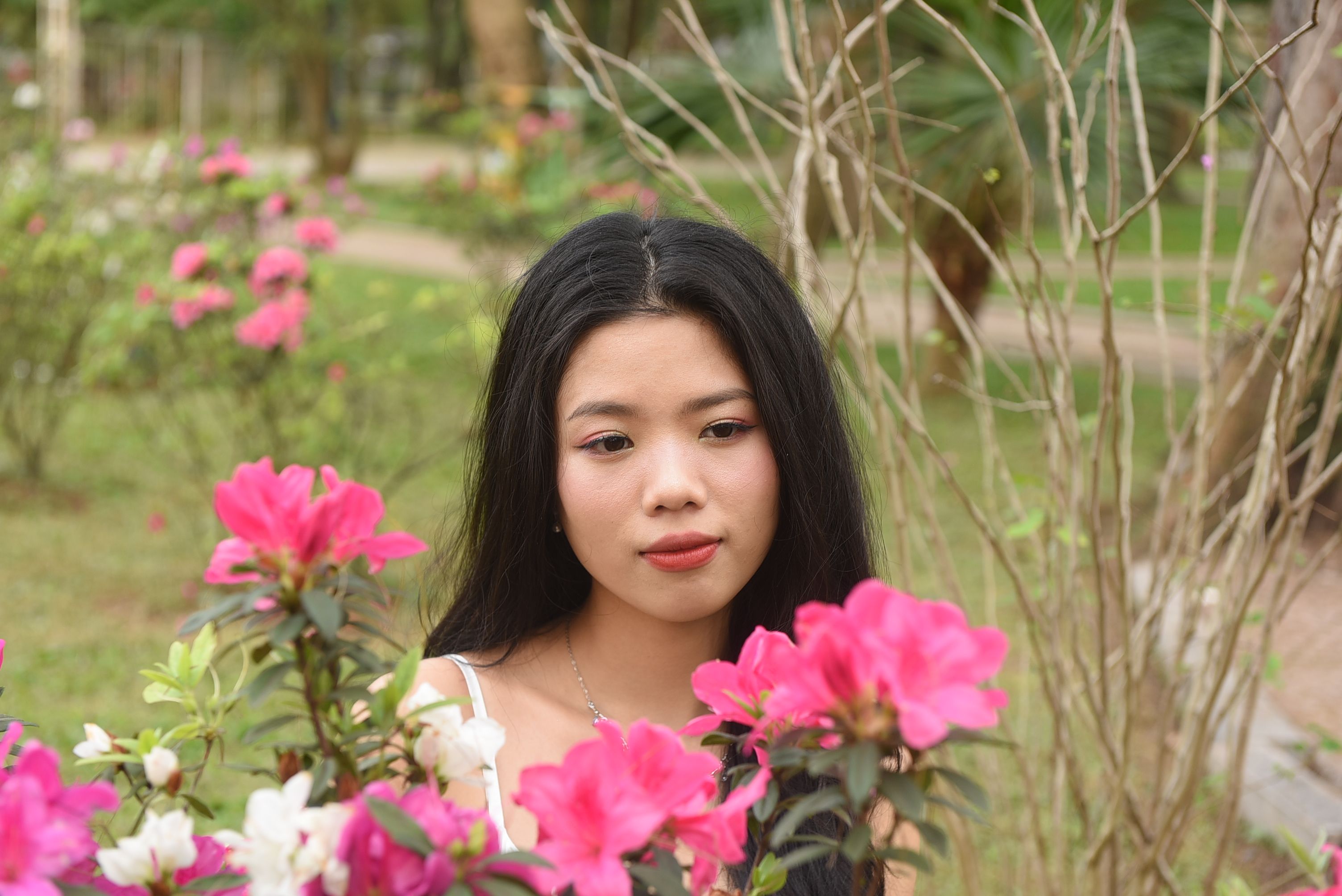 Portrait of a Woman behind Flowers in a Park · Free Stock Photo