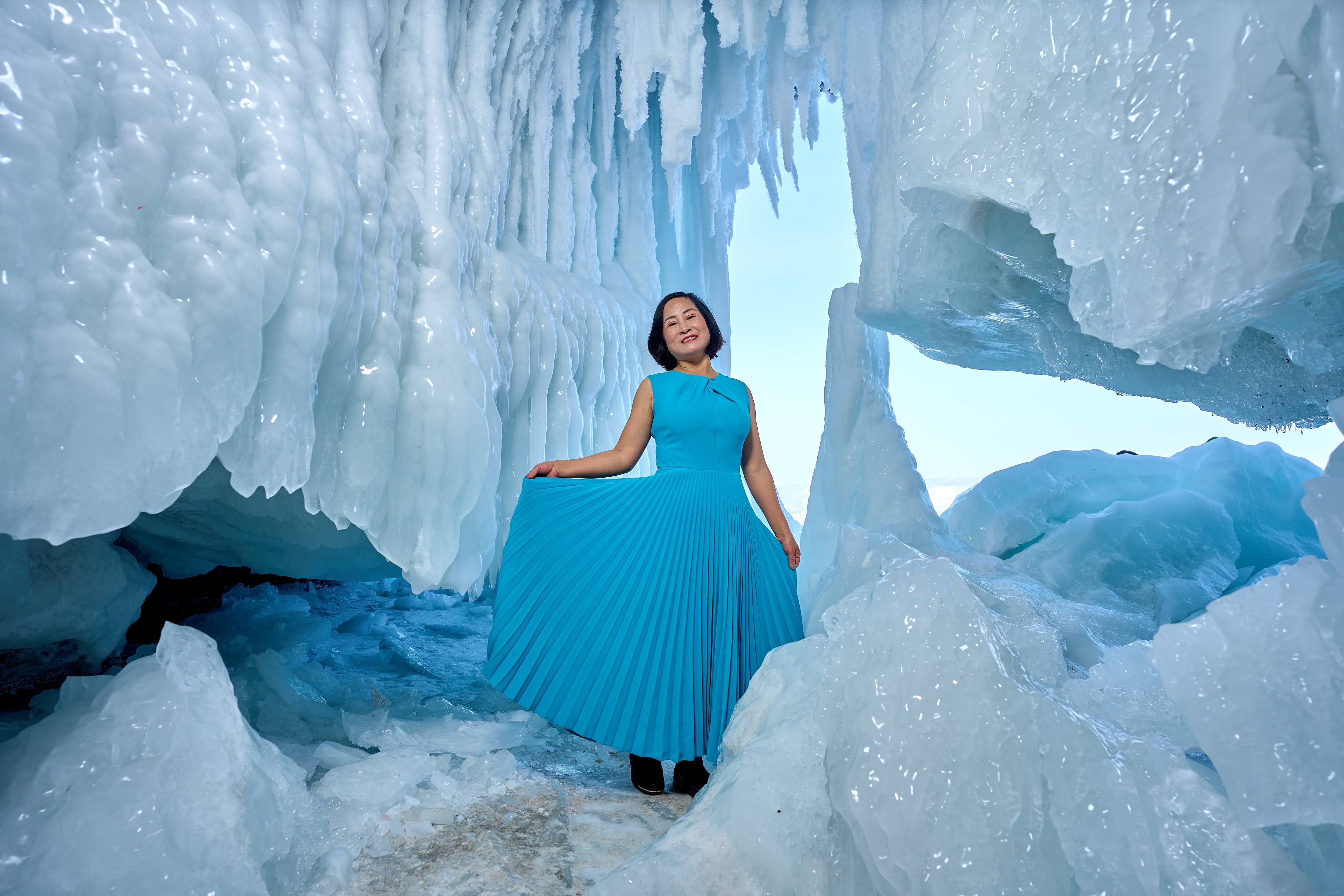 Model in Blue Dress among Ice · Free Stock Photo