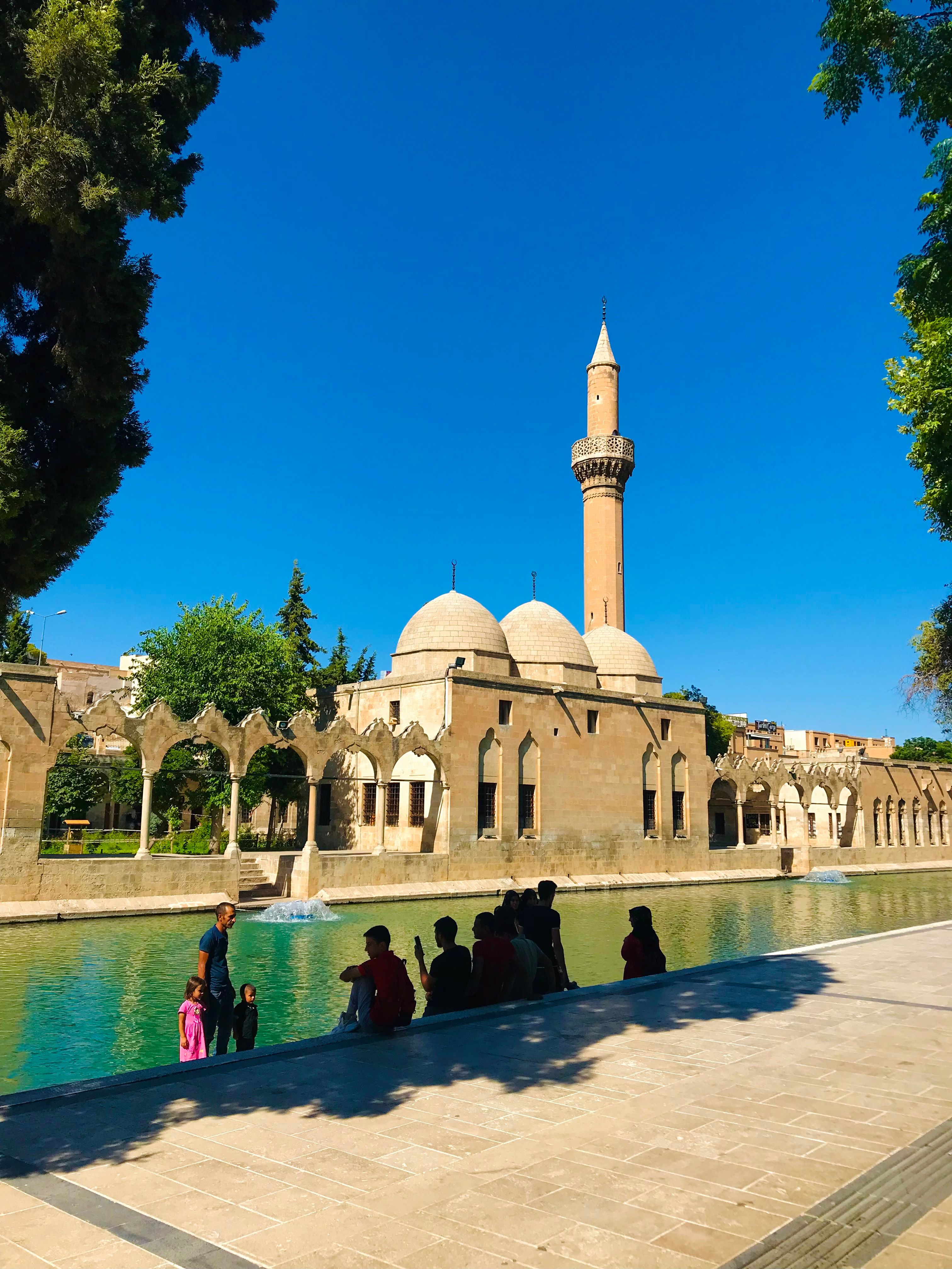 People sitting on the banks of a pond in front of a mosque · Free Stock ...