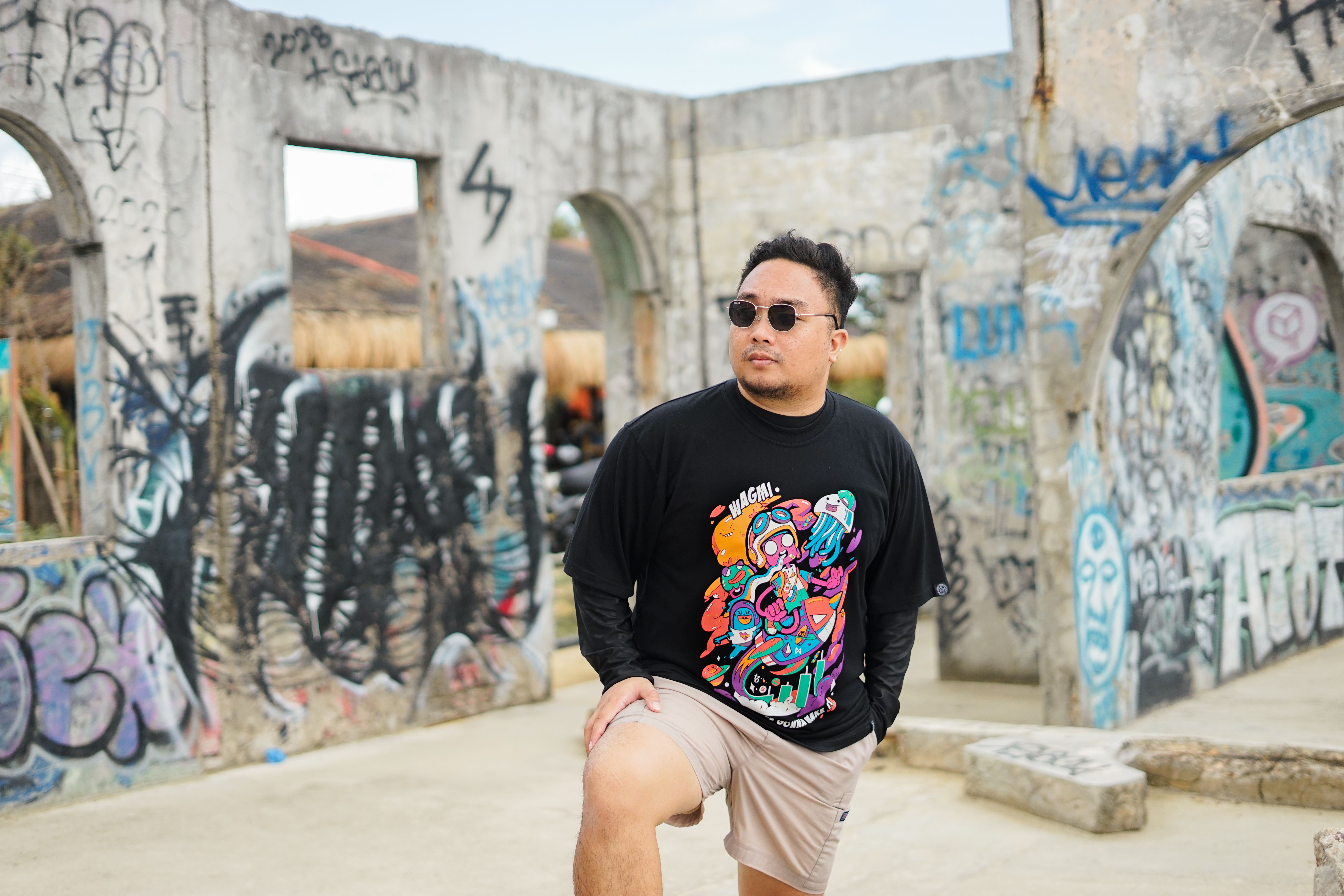 Portrait of Man in Sunglasses Standing with Abandoned Building Walls ...