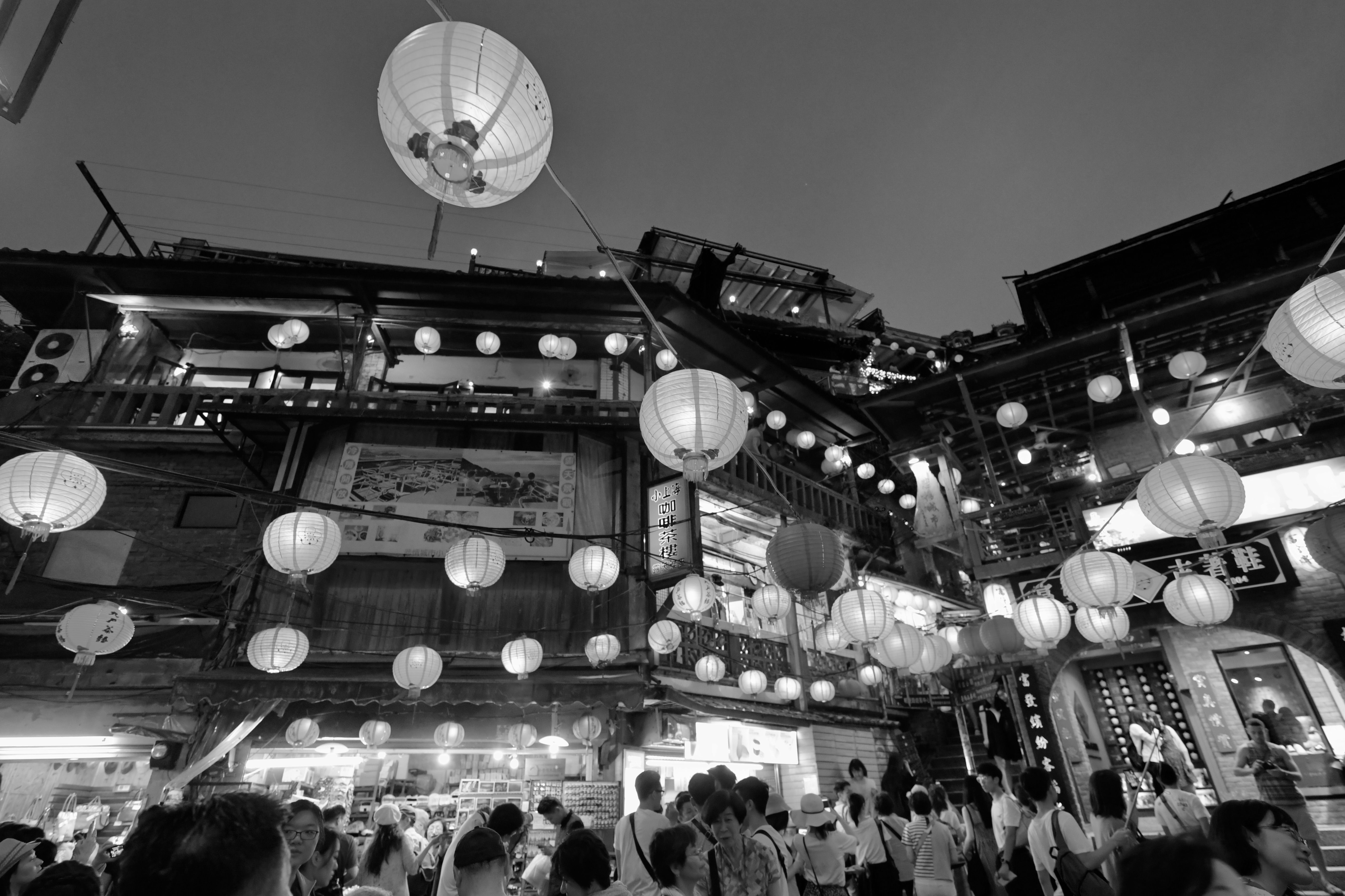 Black and White Photo of Traditional Paper Lanterns Hanging between ...