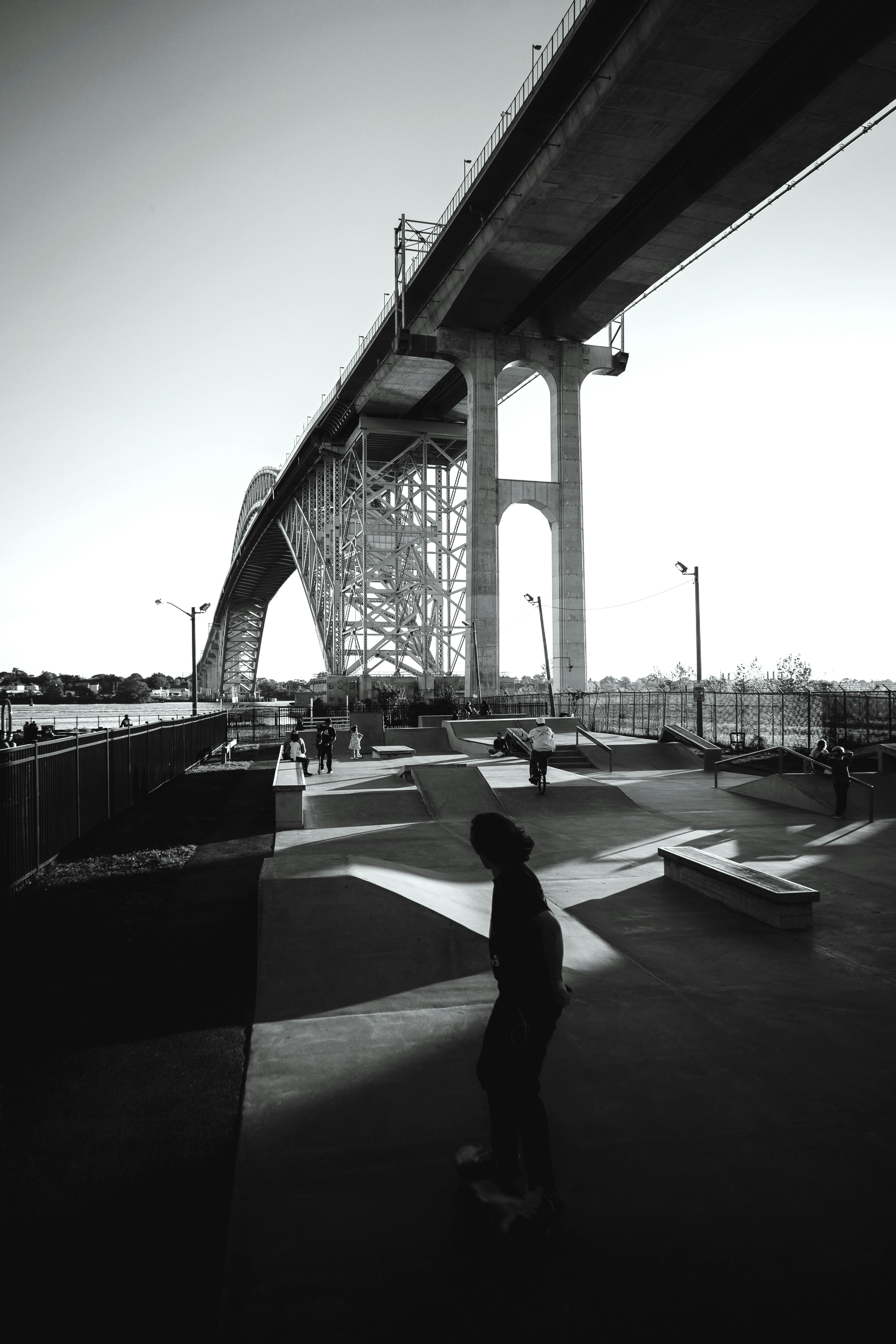 People at Skatepark under Bridge in Black and White · Free Stock Photo
