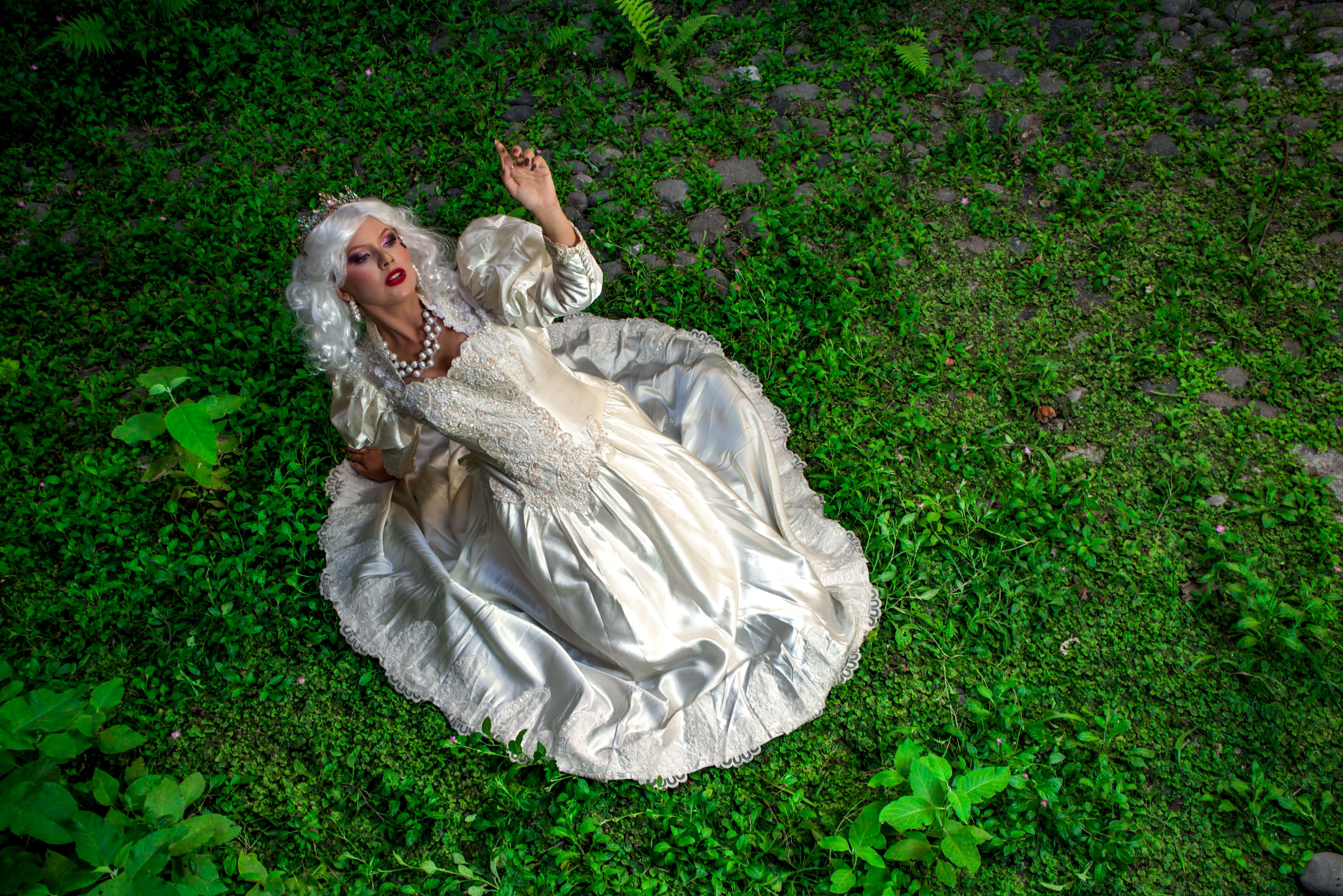Female Model Wearing a Tiara and a White Evening Gown Posing on Green ...
