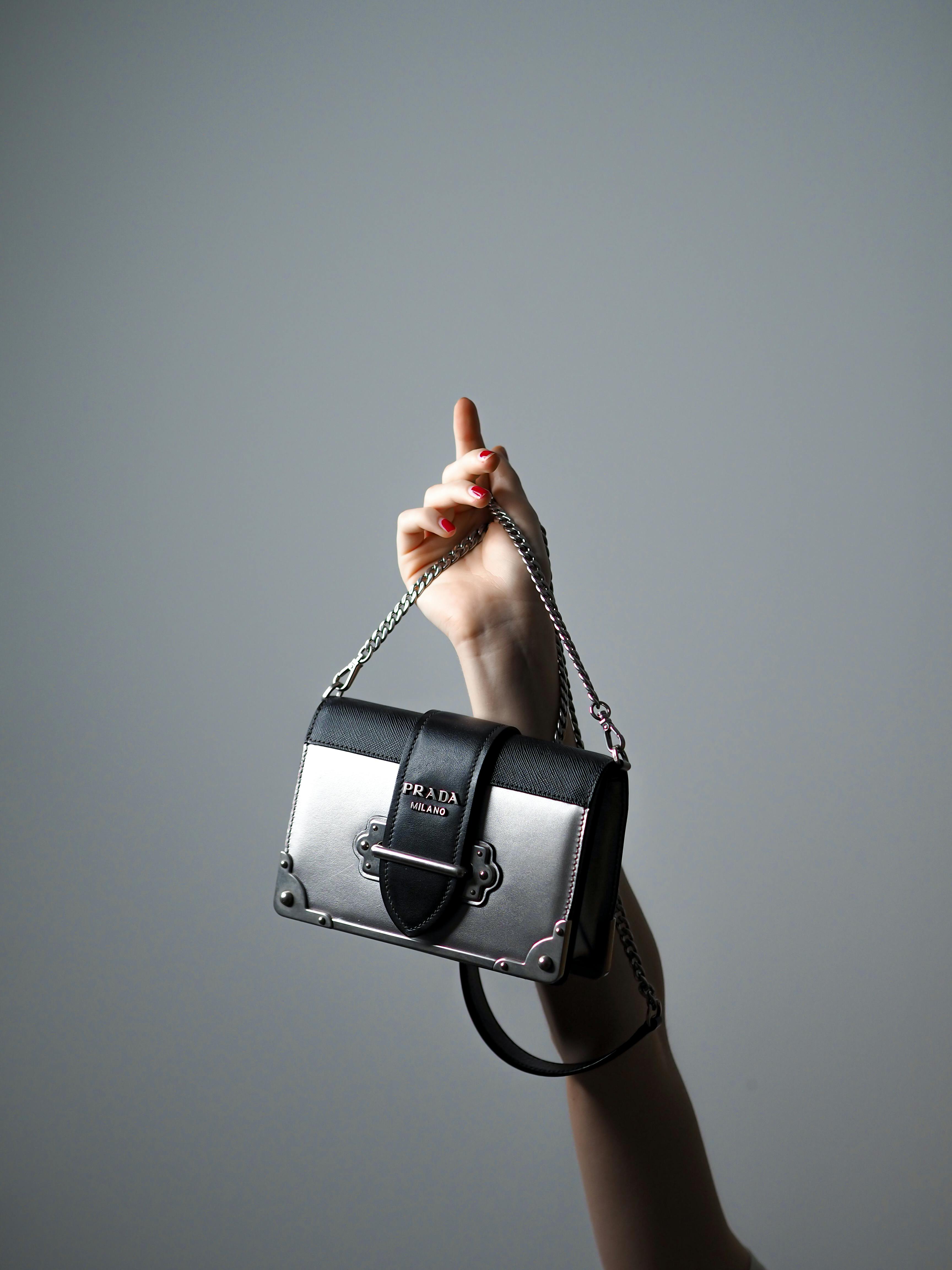 Womans Hand Holding Leather Prada Handbag · Free Stock Photo