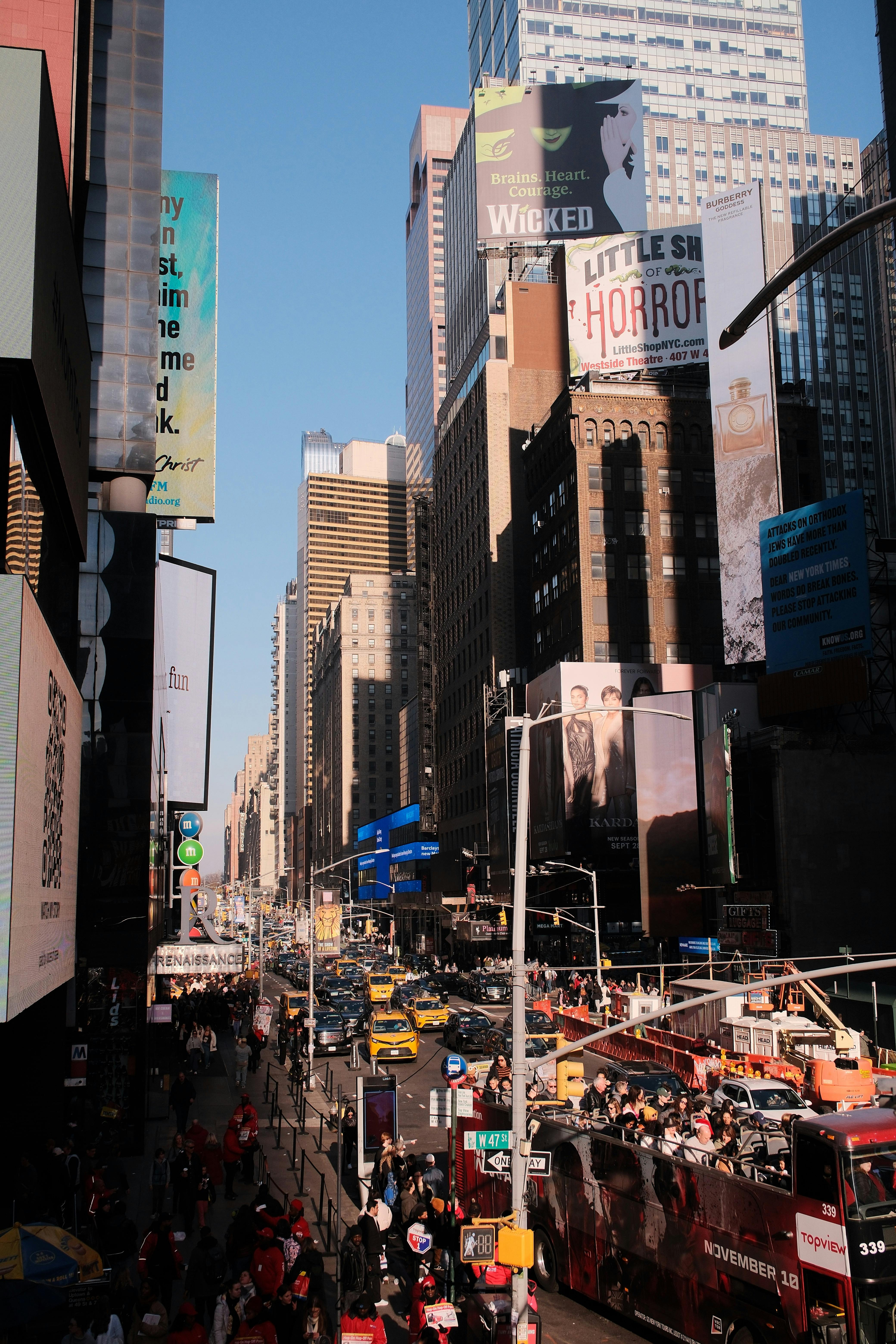 Dense City Street with Billboards on Skyscrapers, and Traffic Jam on ...