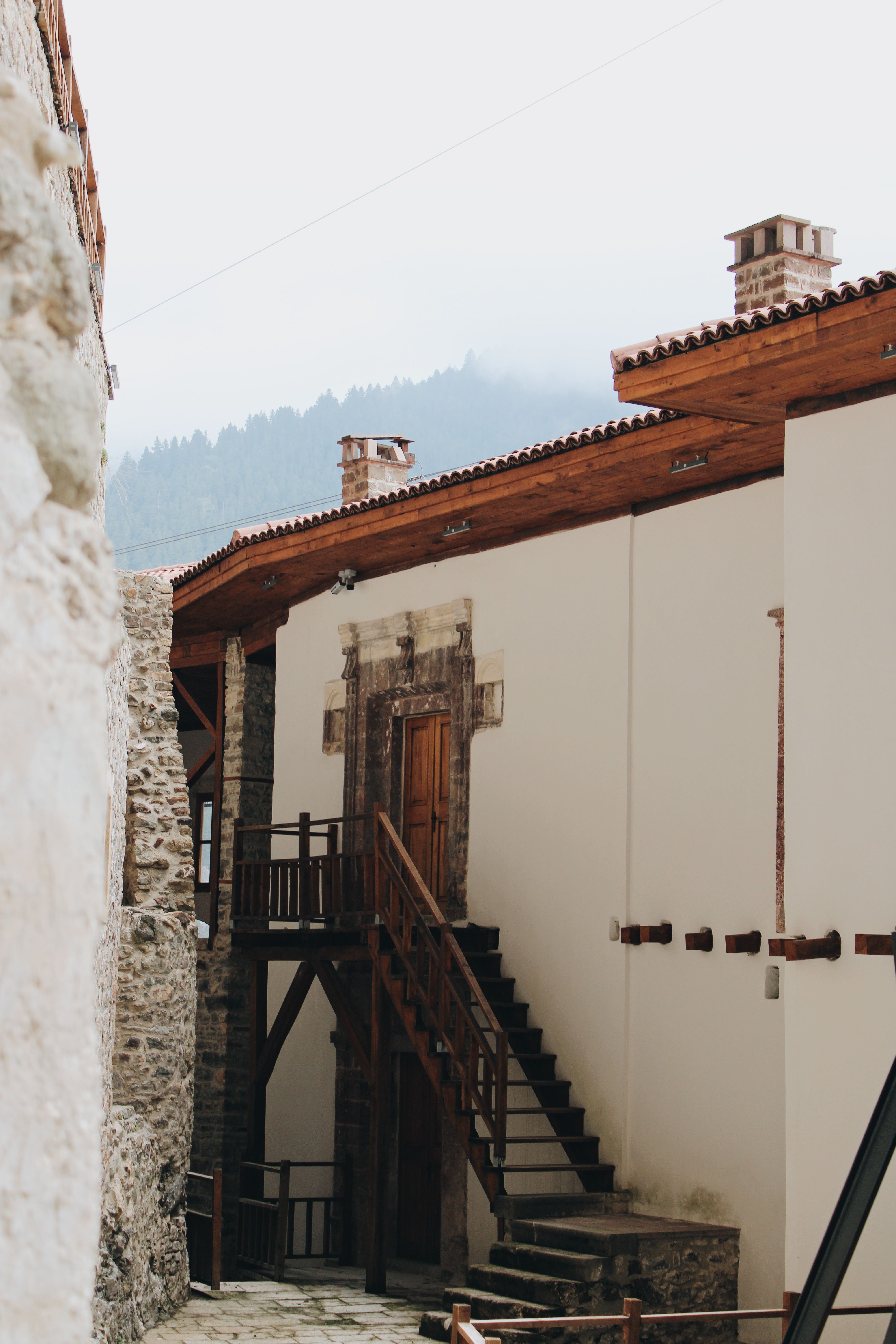 View of Wooden Stairs Outside of a Building at the Sumela Monastery ...