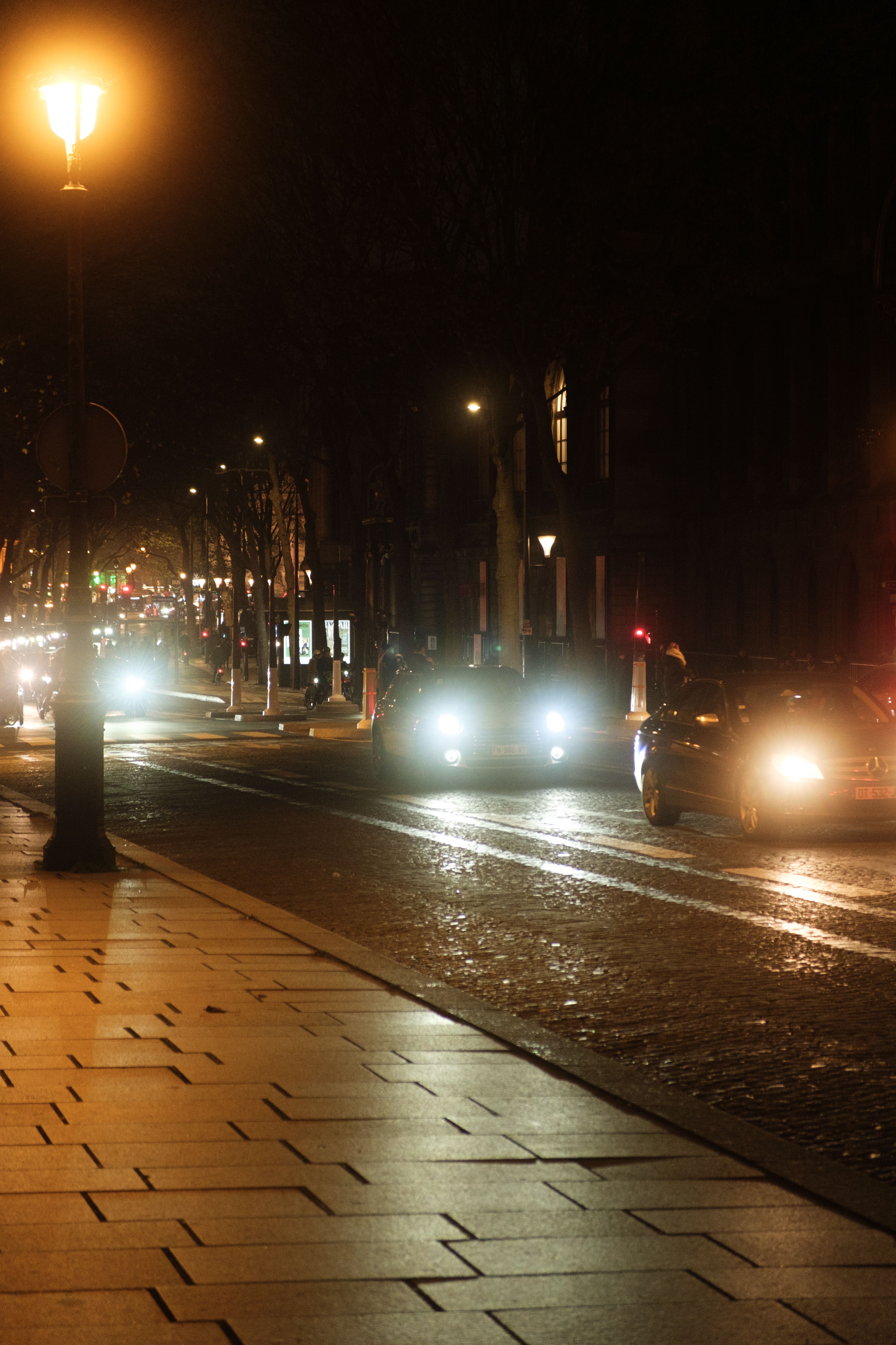 Cars on City Street at Night seen from Sidewalk · Free Stock Photo