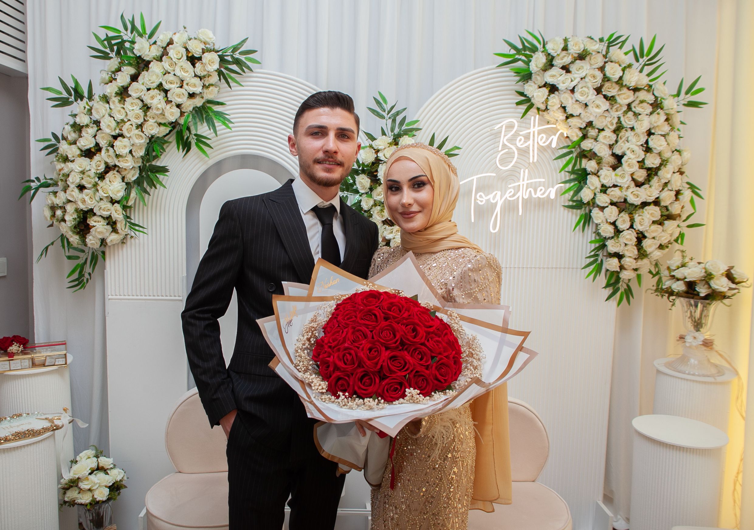Portrait of Newlyweds in Suit and Traditional Wedding Clothing Standing ...