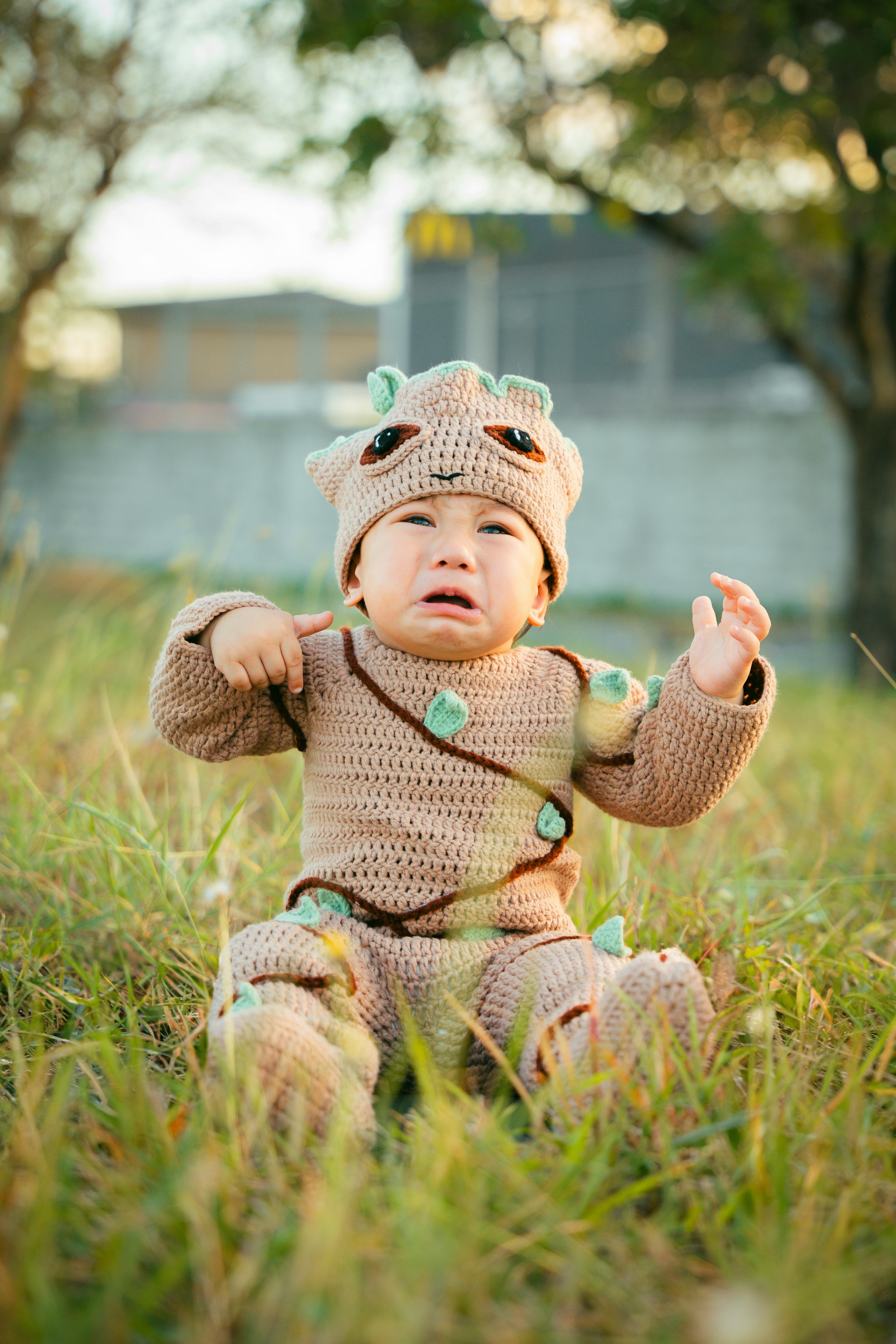 Little Baby Wearing Woolen Costume on a Meadow · Free Stock Photo