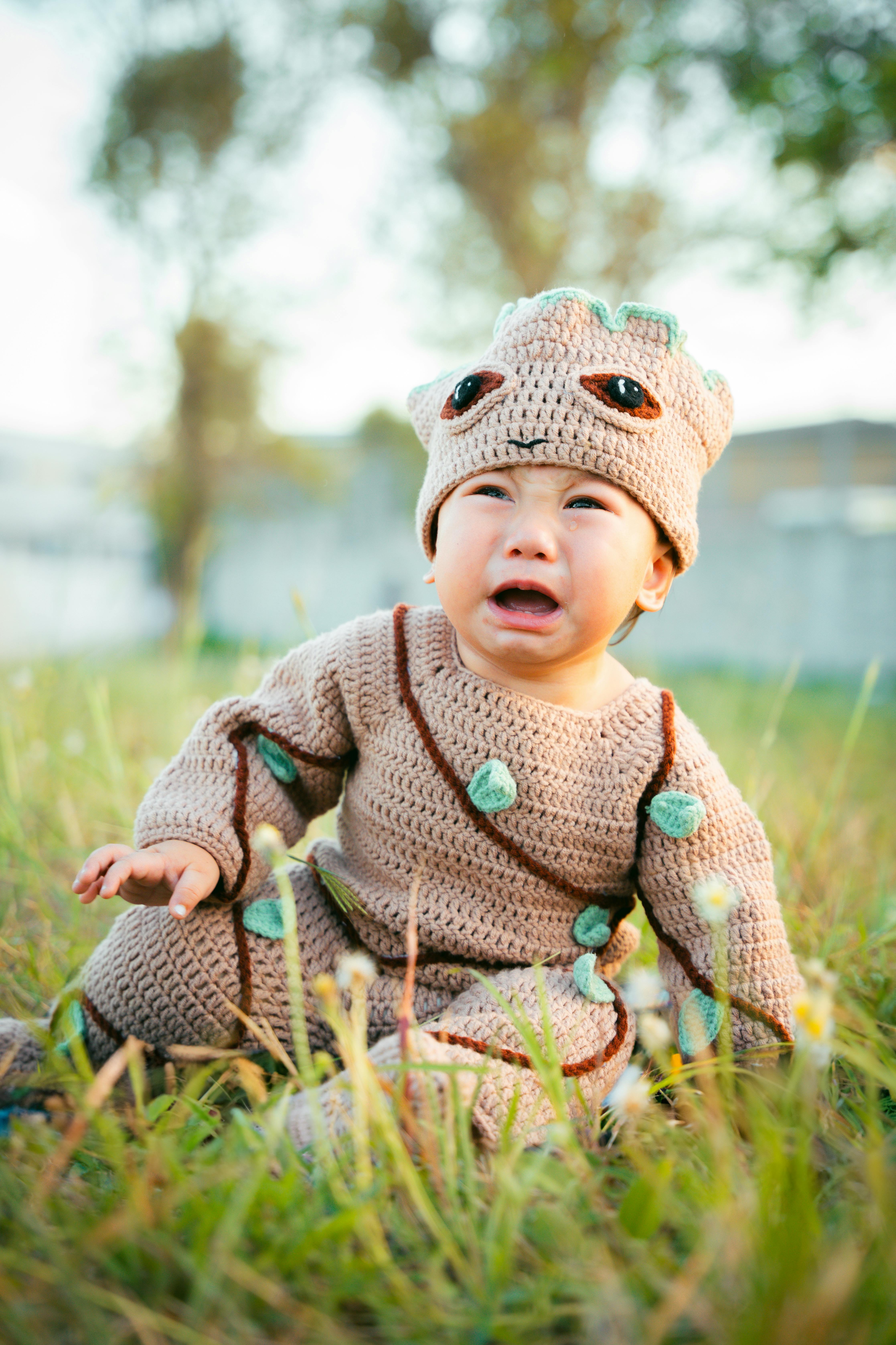 Little Baby Wearing Woolen Costume on a Meadow · Free Stock Photo