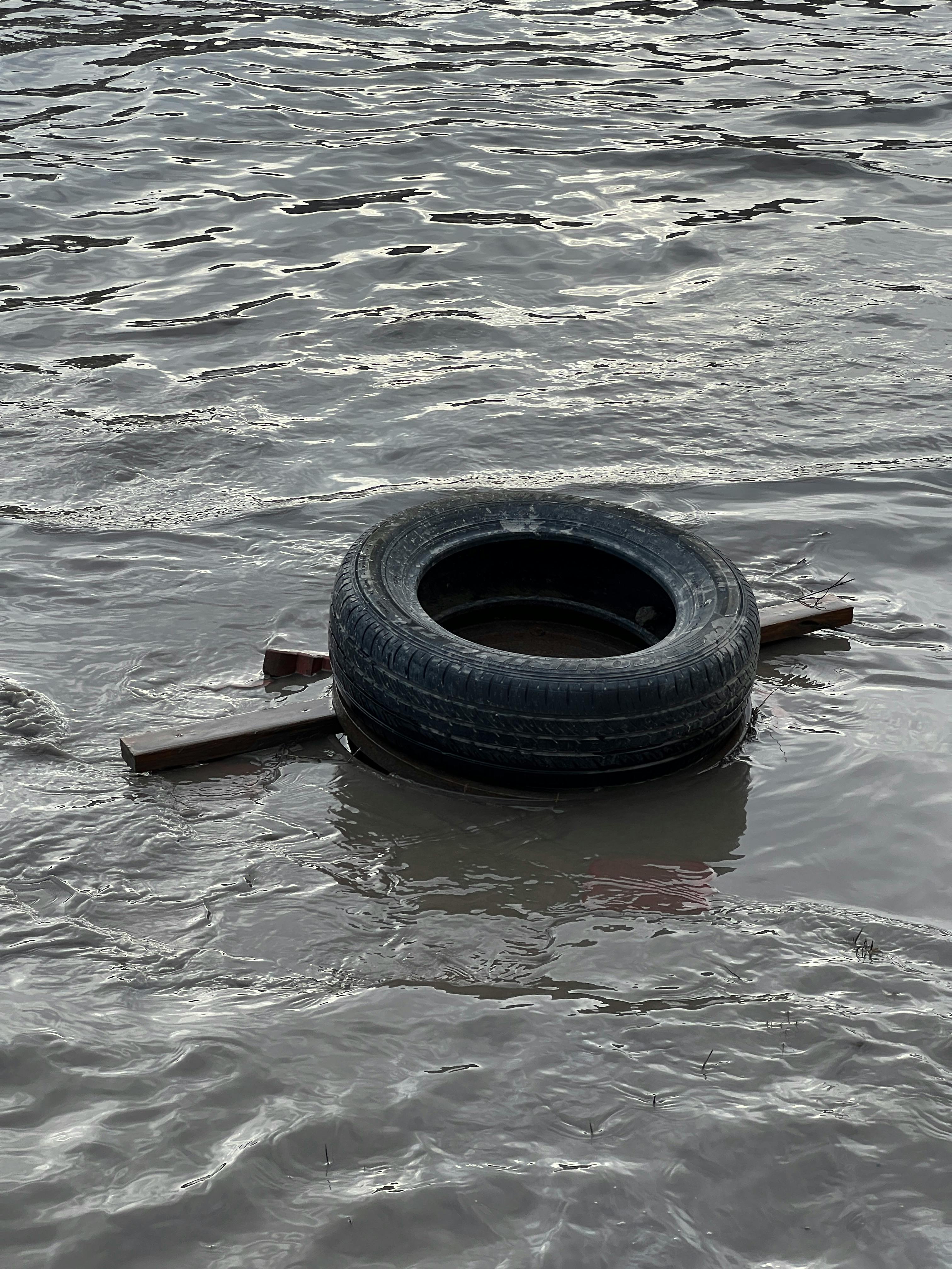 Old Tire and Wooden Planks Floating on Water · Free Stock Photo