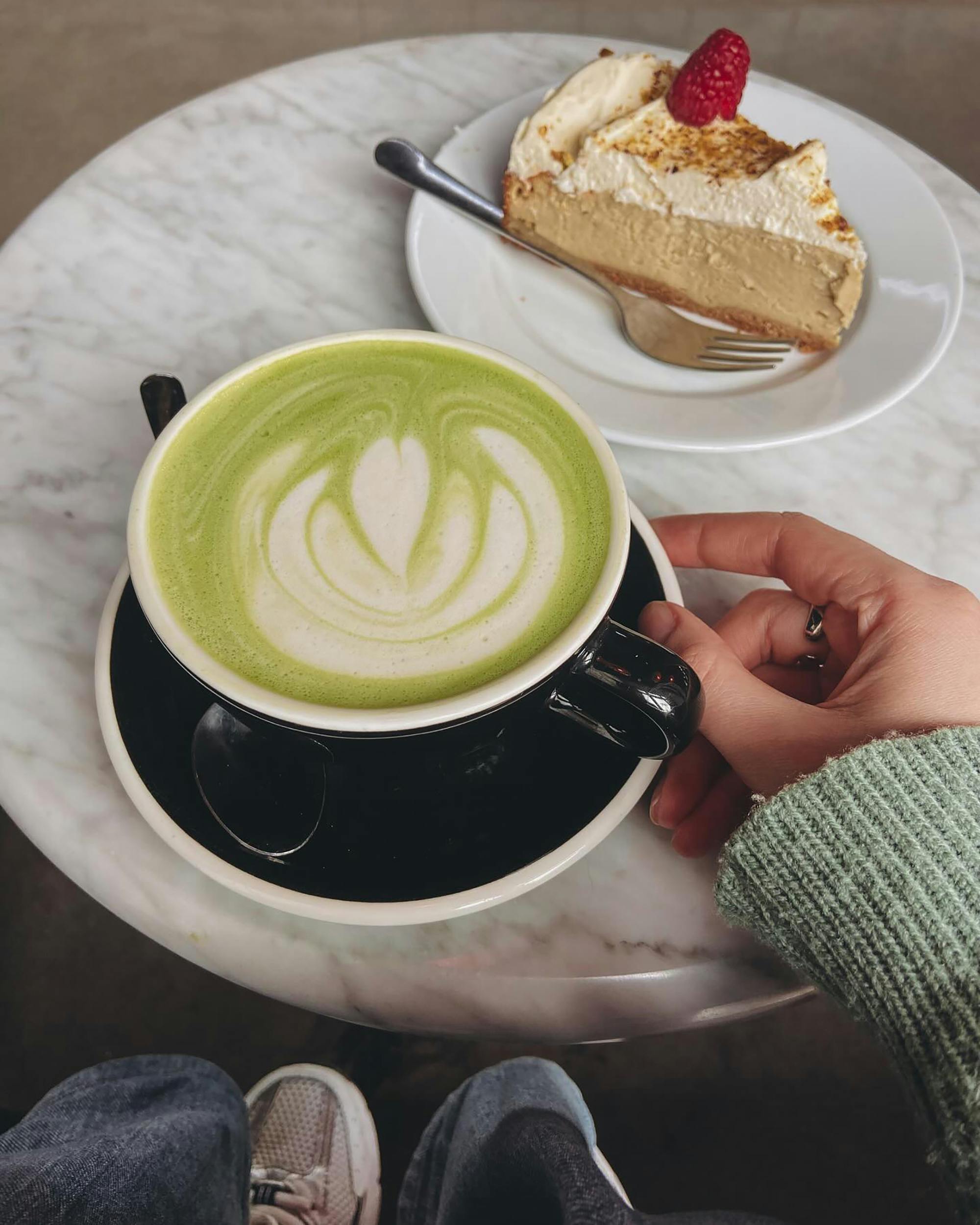 Cup of Matcha Latte and a Slice of Cake · Free Stock Photo