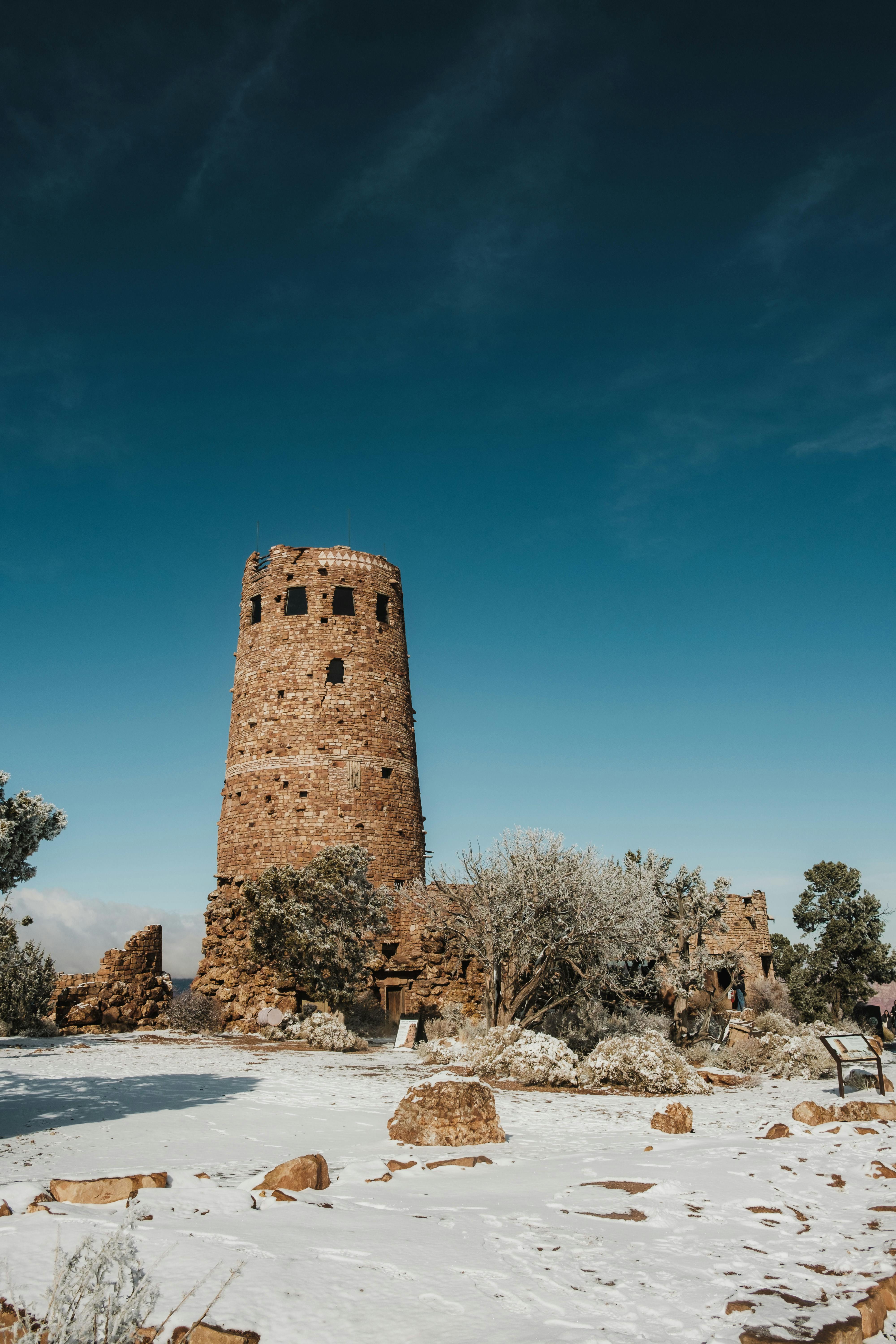 Snow around Desert View Watchtower at Grand Canyon · Free Stock Photo