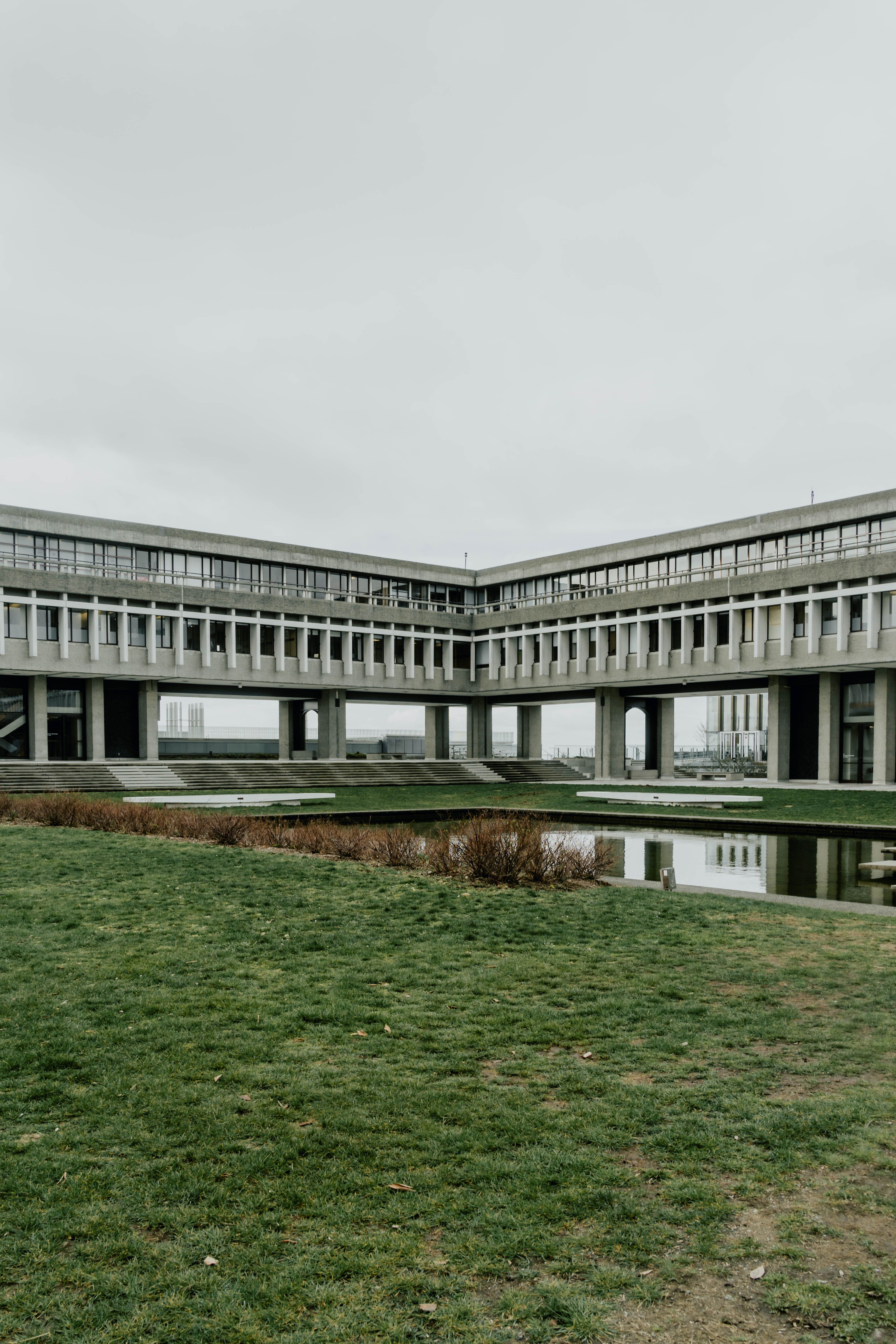 Pond by Concrete Building of Simon Fraser University in Burnaby, Canada ...