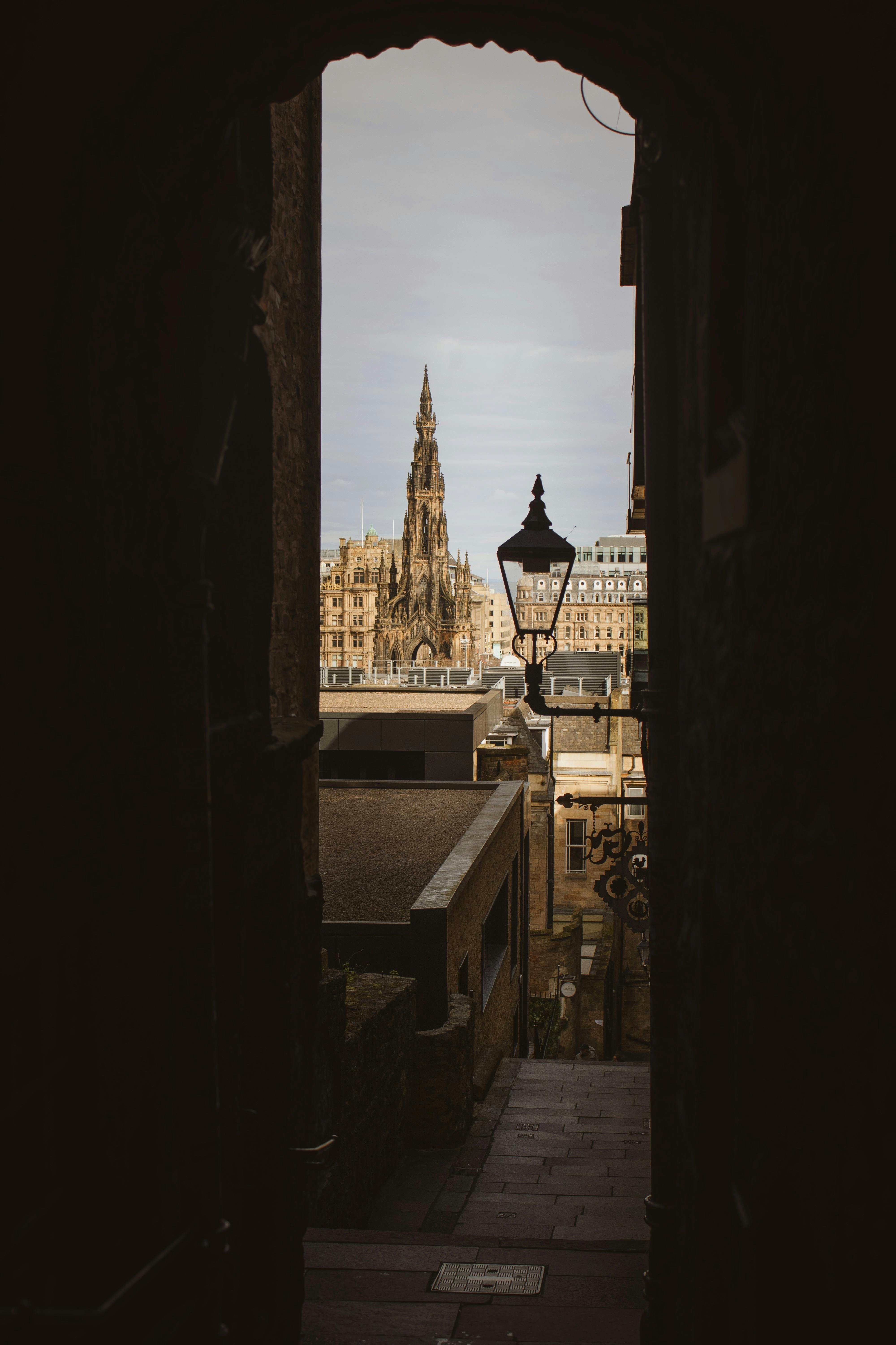 View of the Historic Center of Edinburgh from a Narrow Passage on a ...