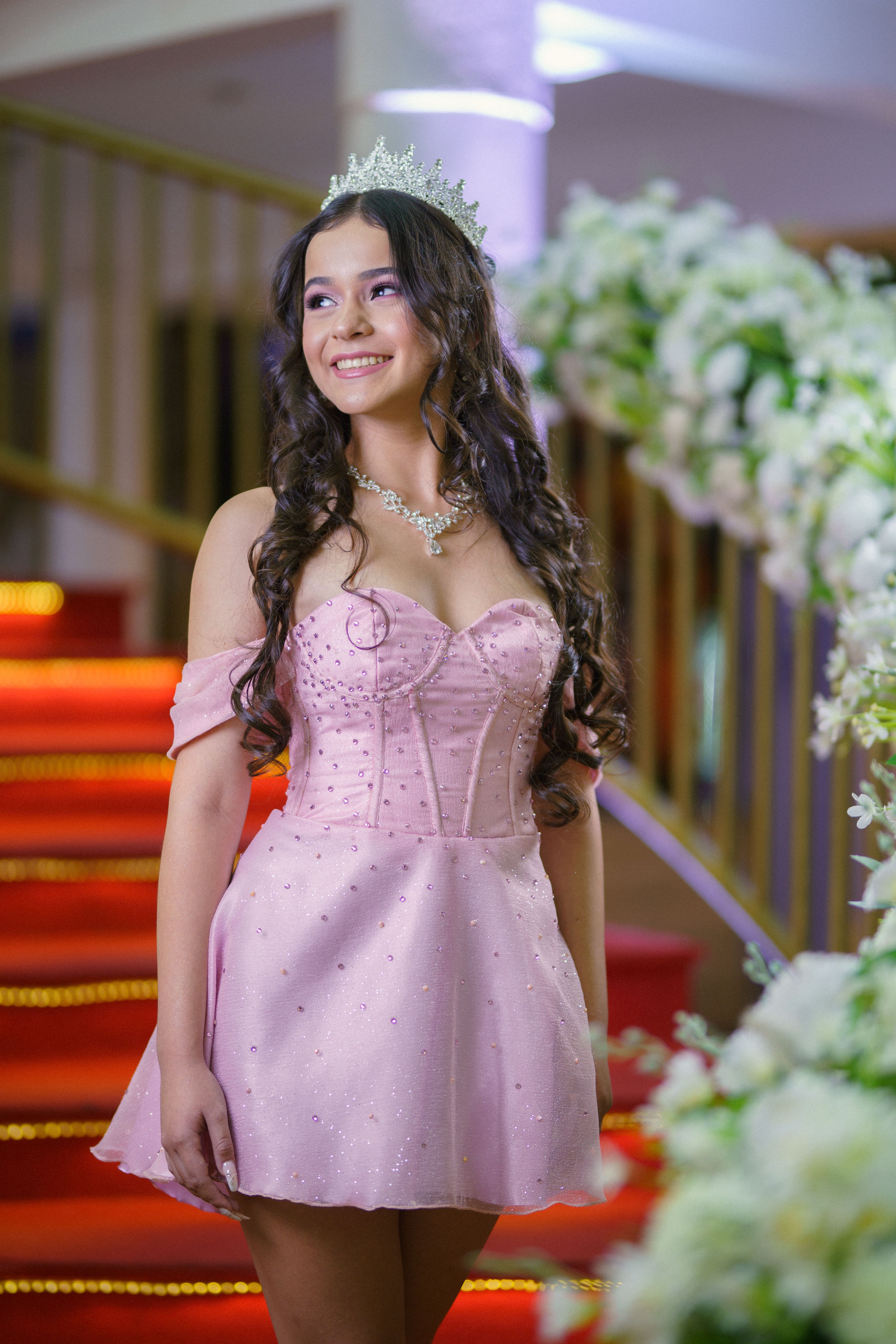 A Young Woman in a Pink Dress and a Tiara Standing on the Staircase ...