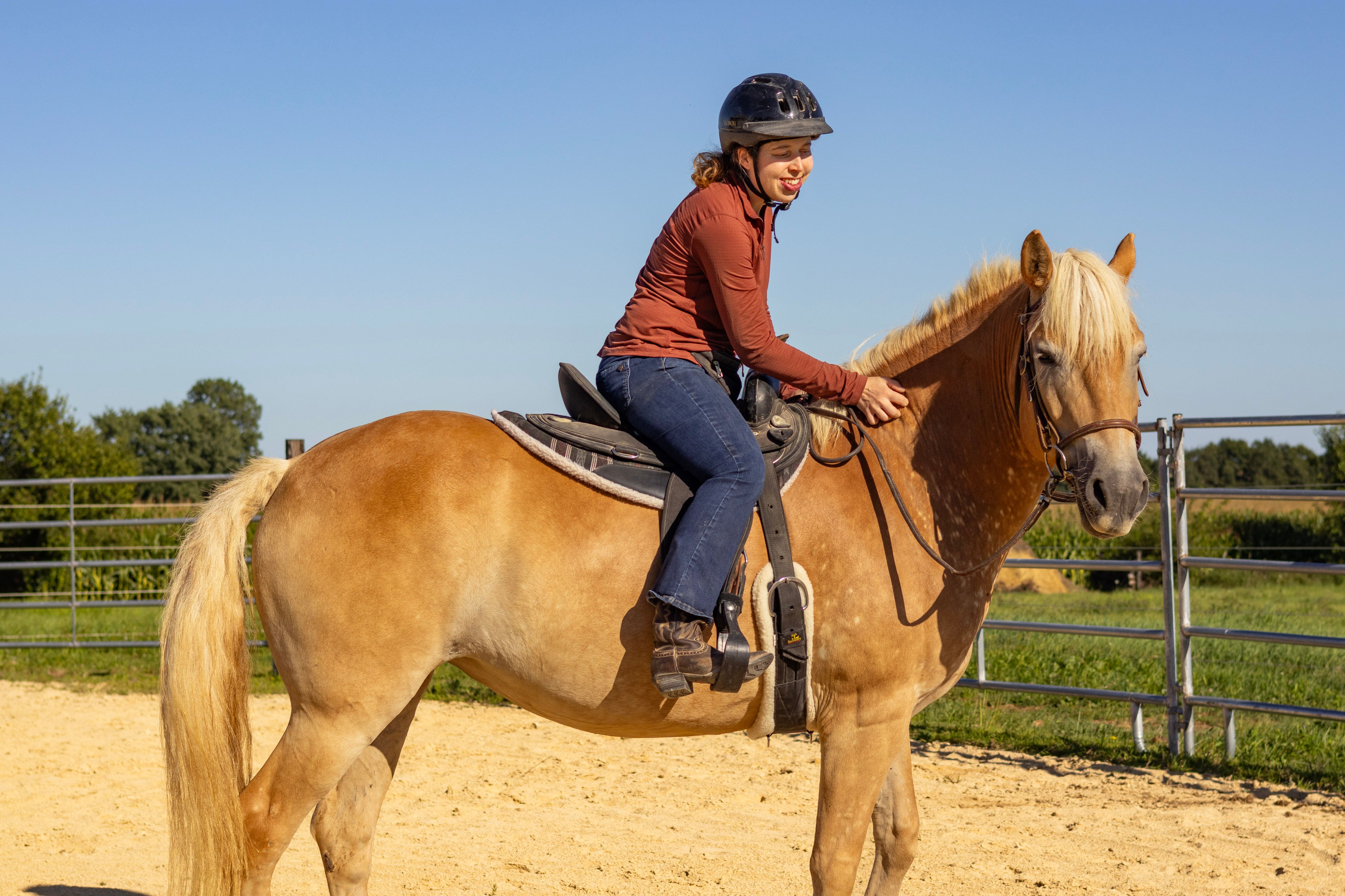 A woman riding a horse in an outdoor arena · Free Stock Photo