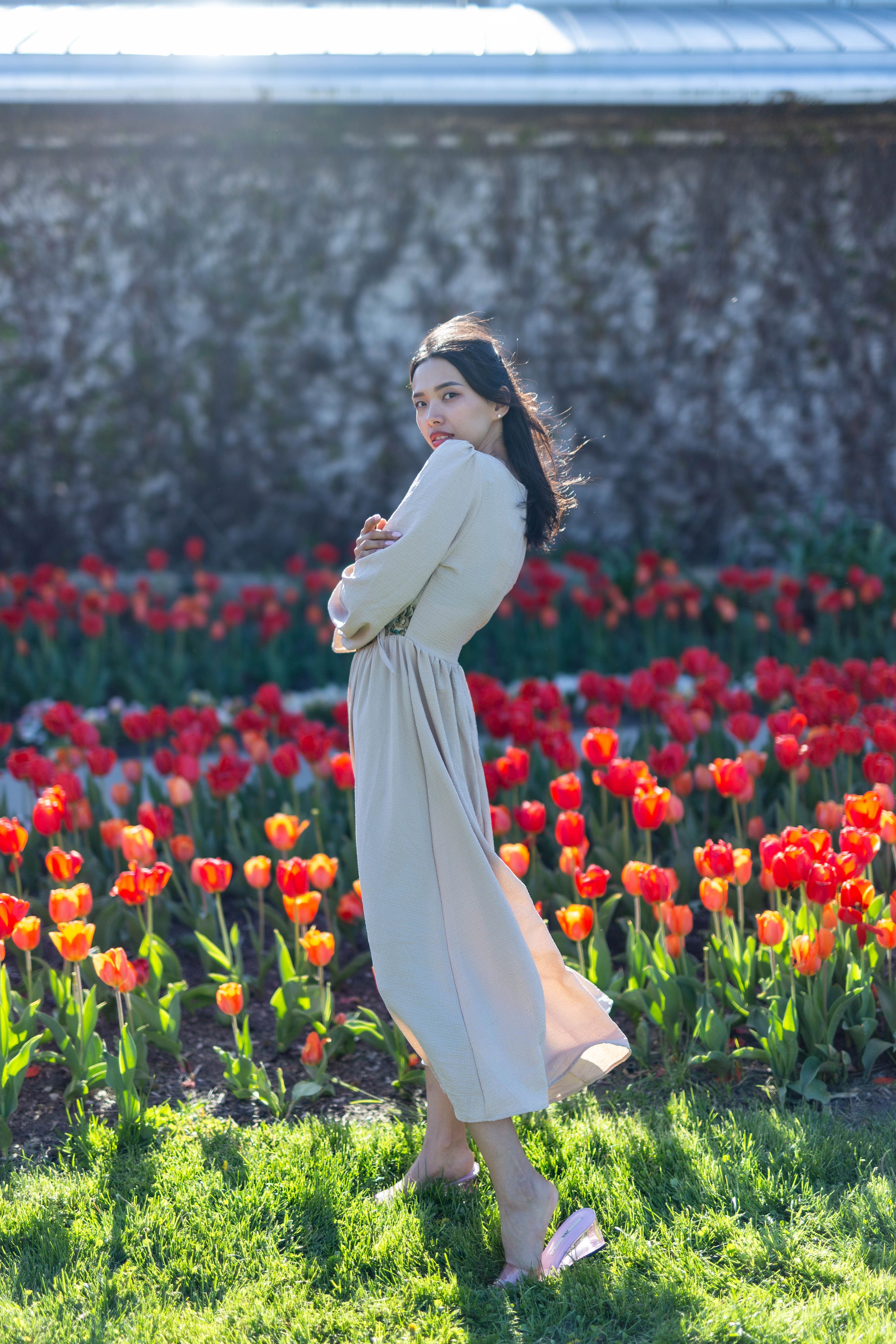 Woman in White Sundress Standing by Red Tulips · Free Stock Photo