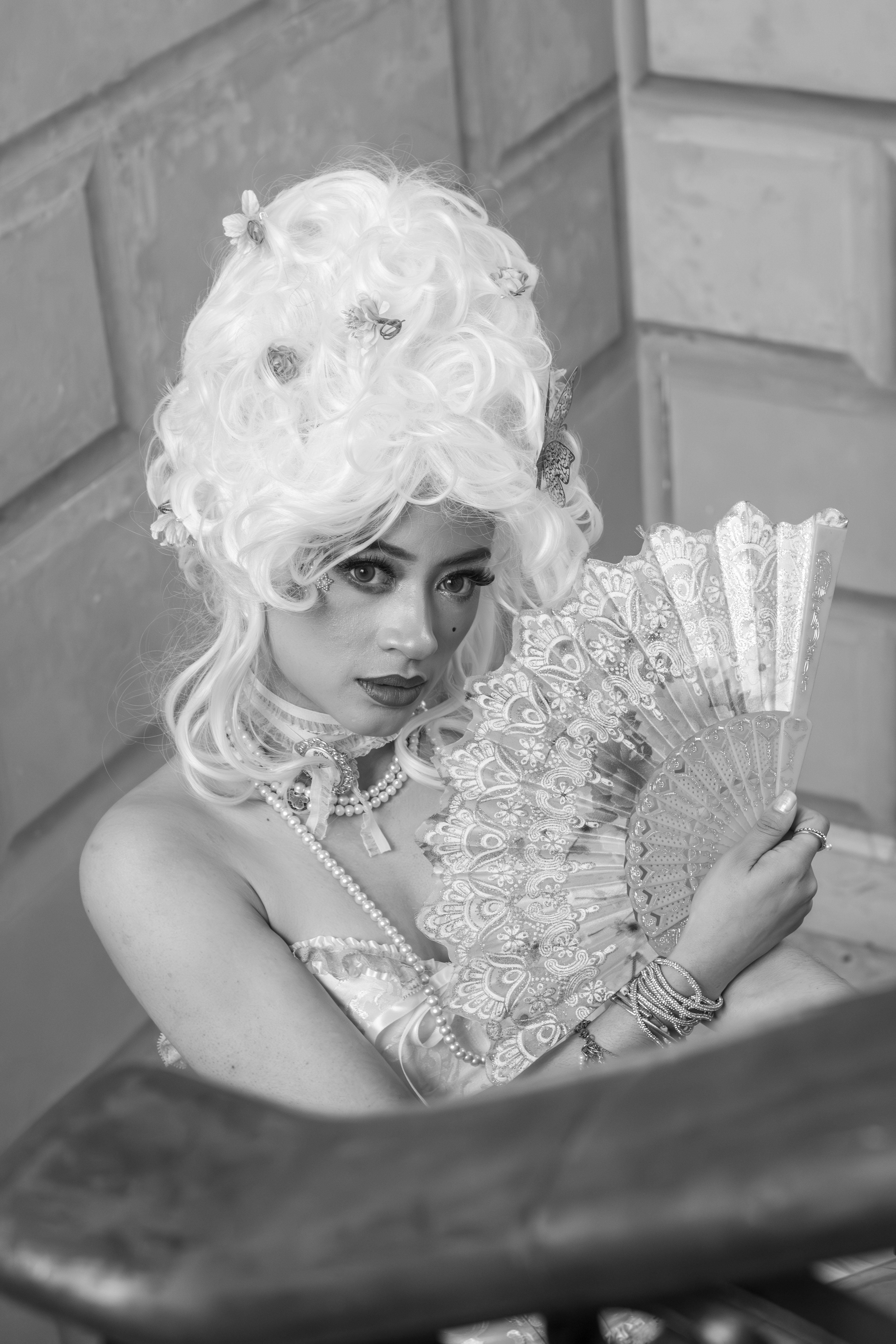 Woman in Rococo Costume Standing by Railing and Holding Hand Fan · Free ...