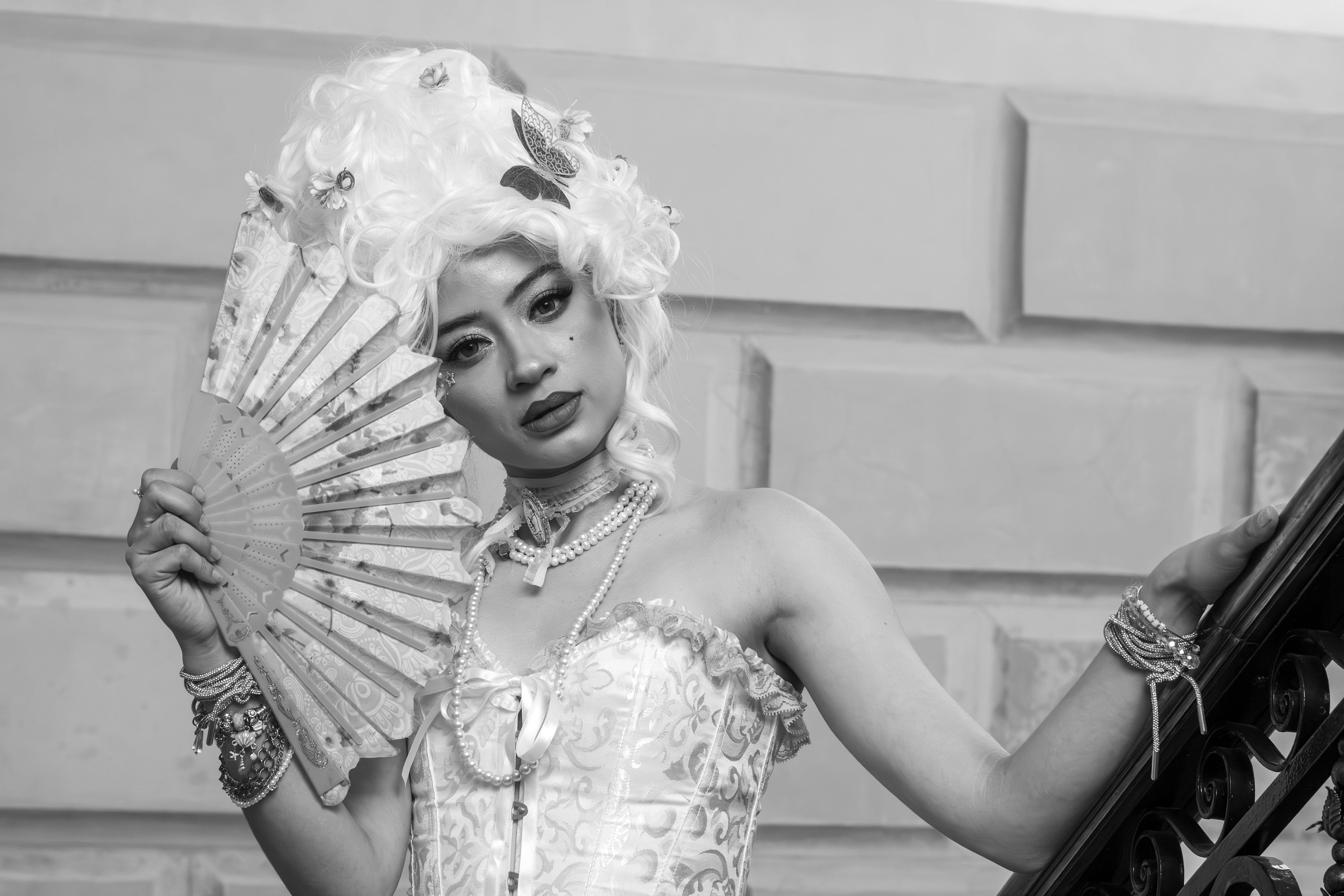 Woman in Rococo Costume Standing with Hand Fan · Free Stock Photo