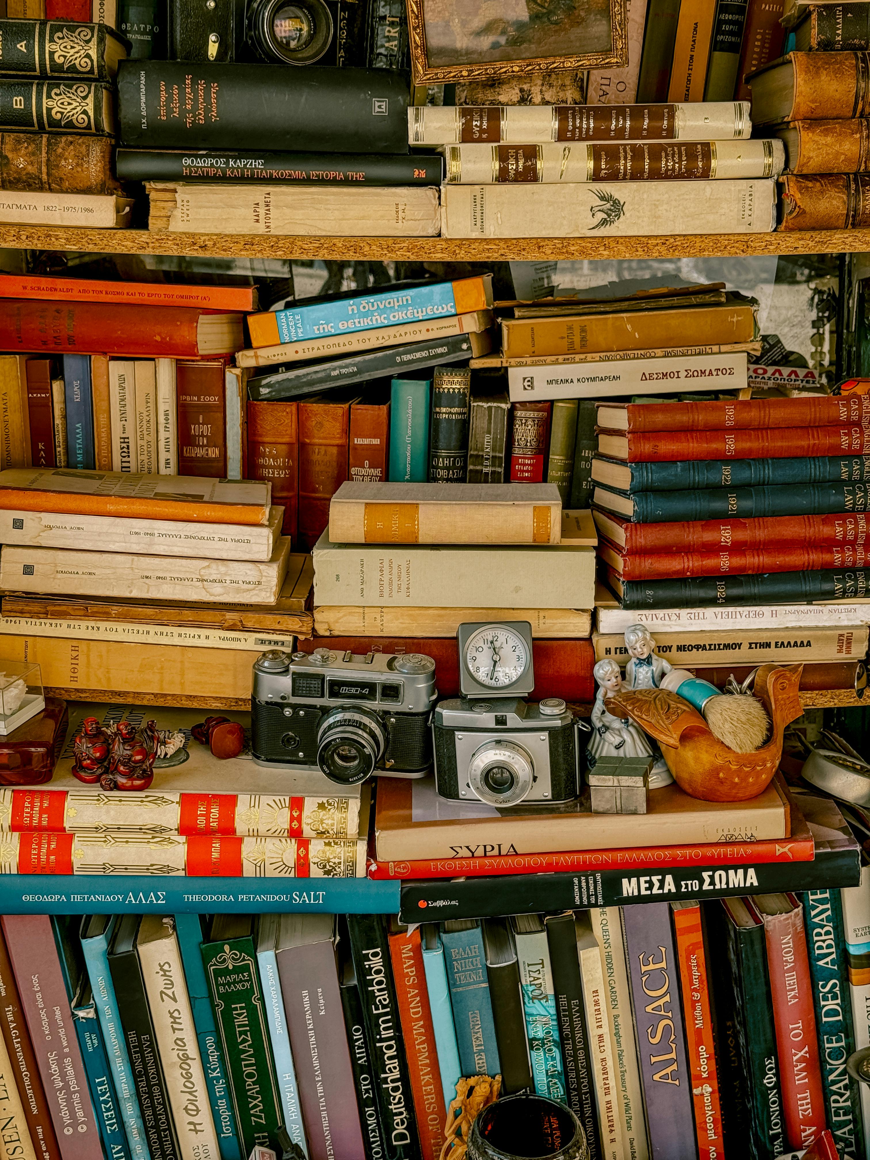 Bookshelf with Vintage Cameras and Literature · Free Stock Photo