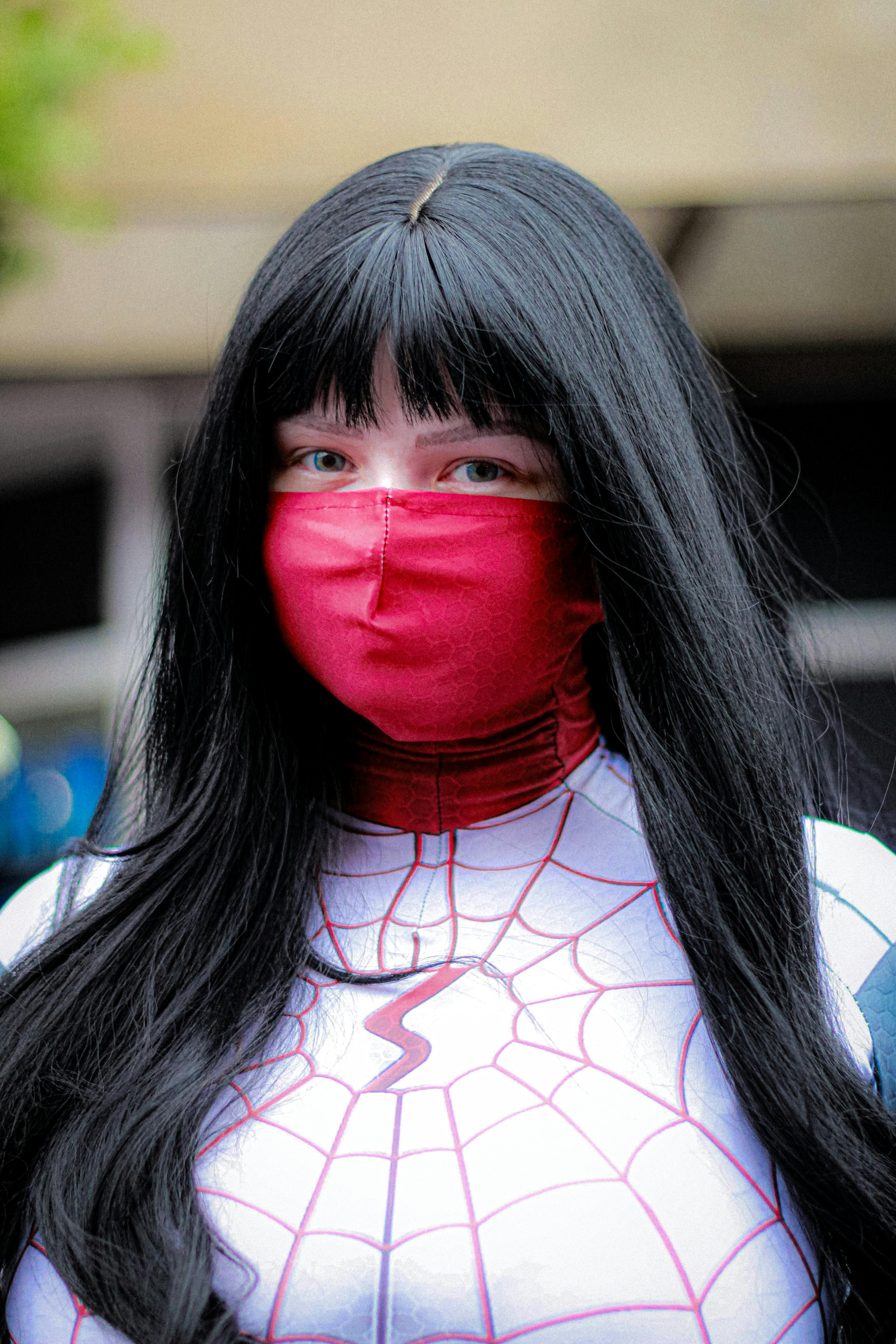 Woman in Silk Cosplay Wearing Red Face Mask · Free Stock Photo