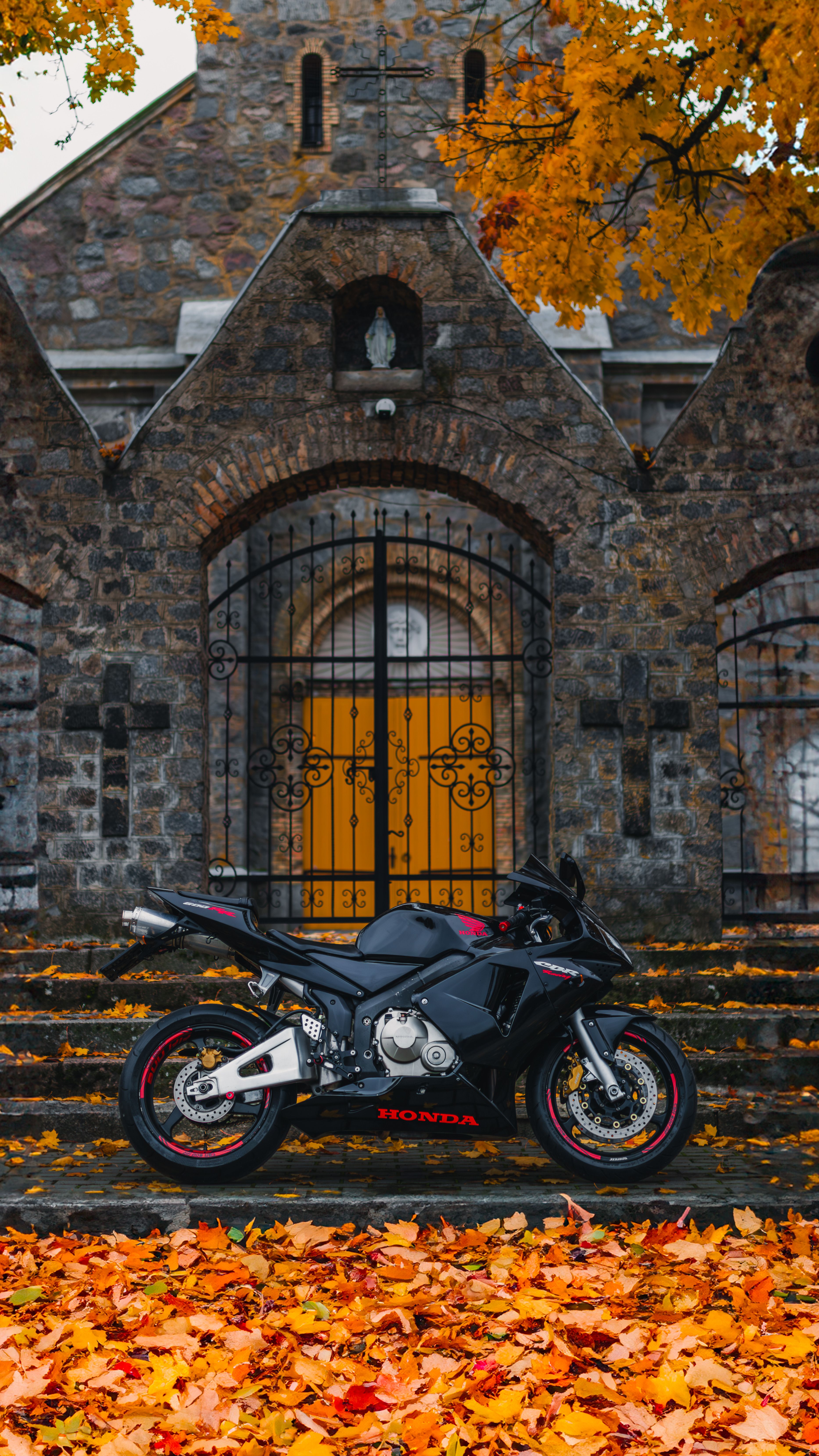 Motorbike on Stairs of Church in Autumn · Free Stock Photo