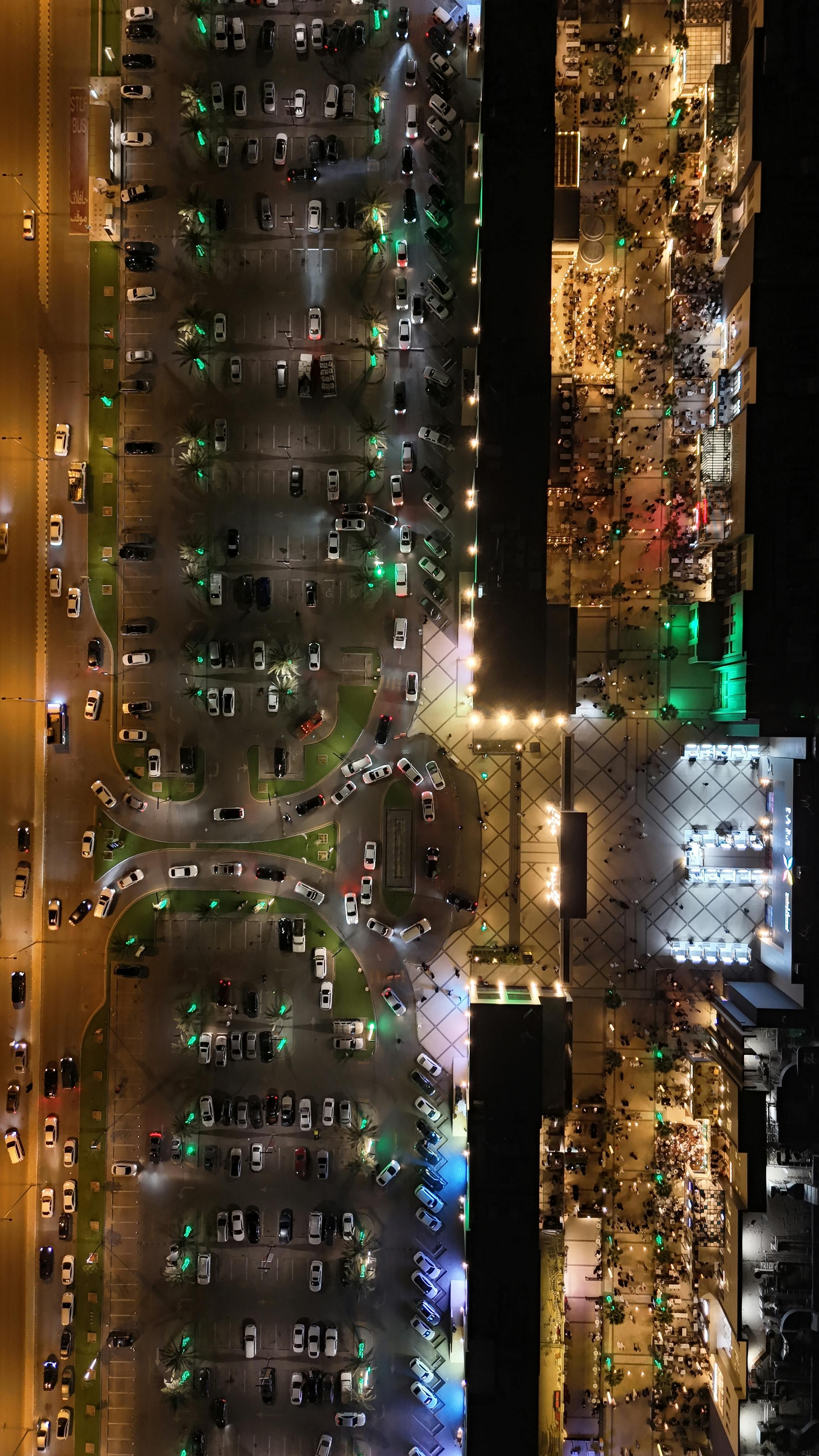 Top View of Street and Parking Lot at Night · Free Stock Photo