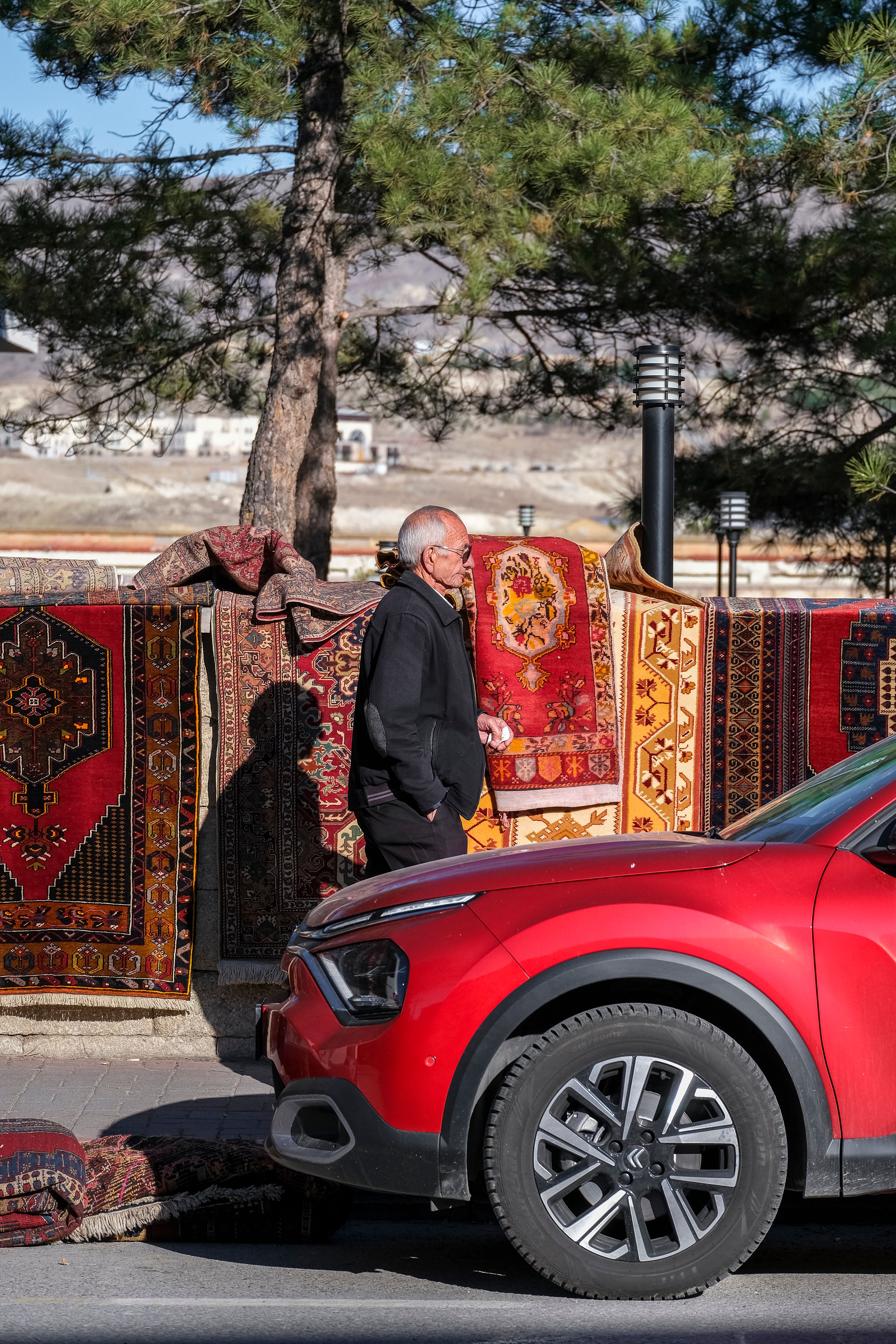 Elderly Man Walking between Car and Carpets · Free Stock Photo