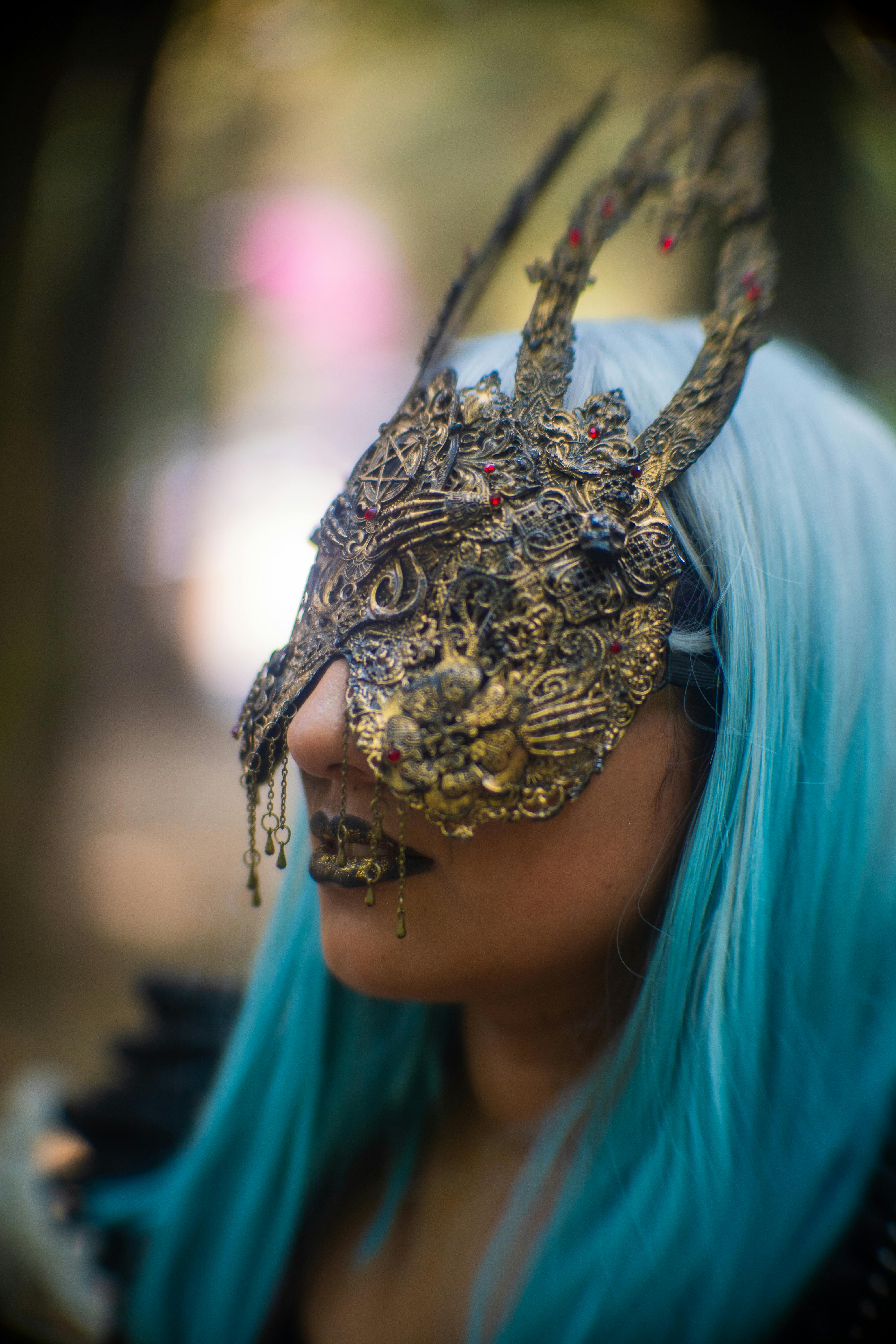Woman in Costume Mask and with Blue Hair · Free Stock Photo