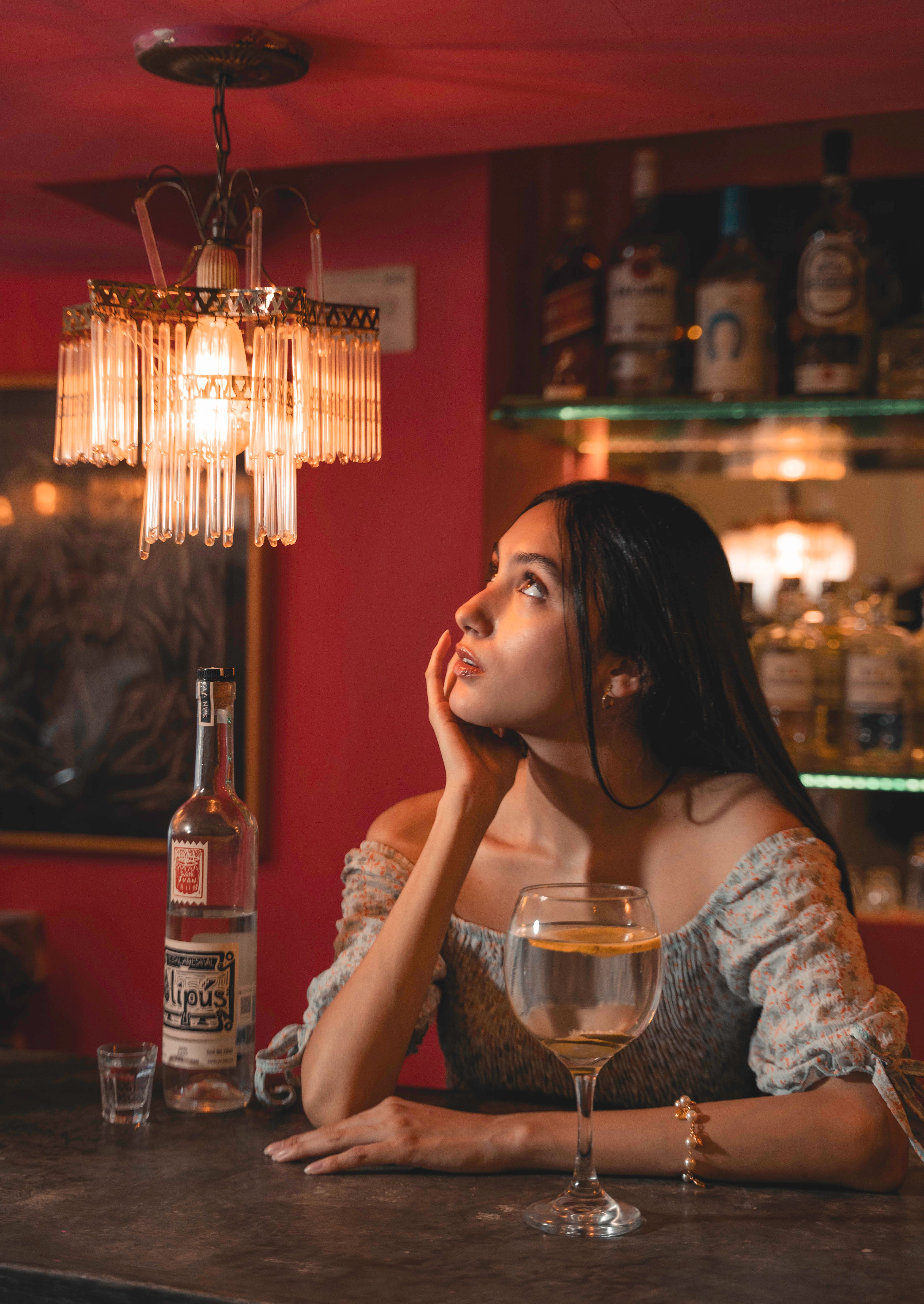 Brunette Woman Sitting with Vodka at Bar · Free Stock Photo