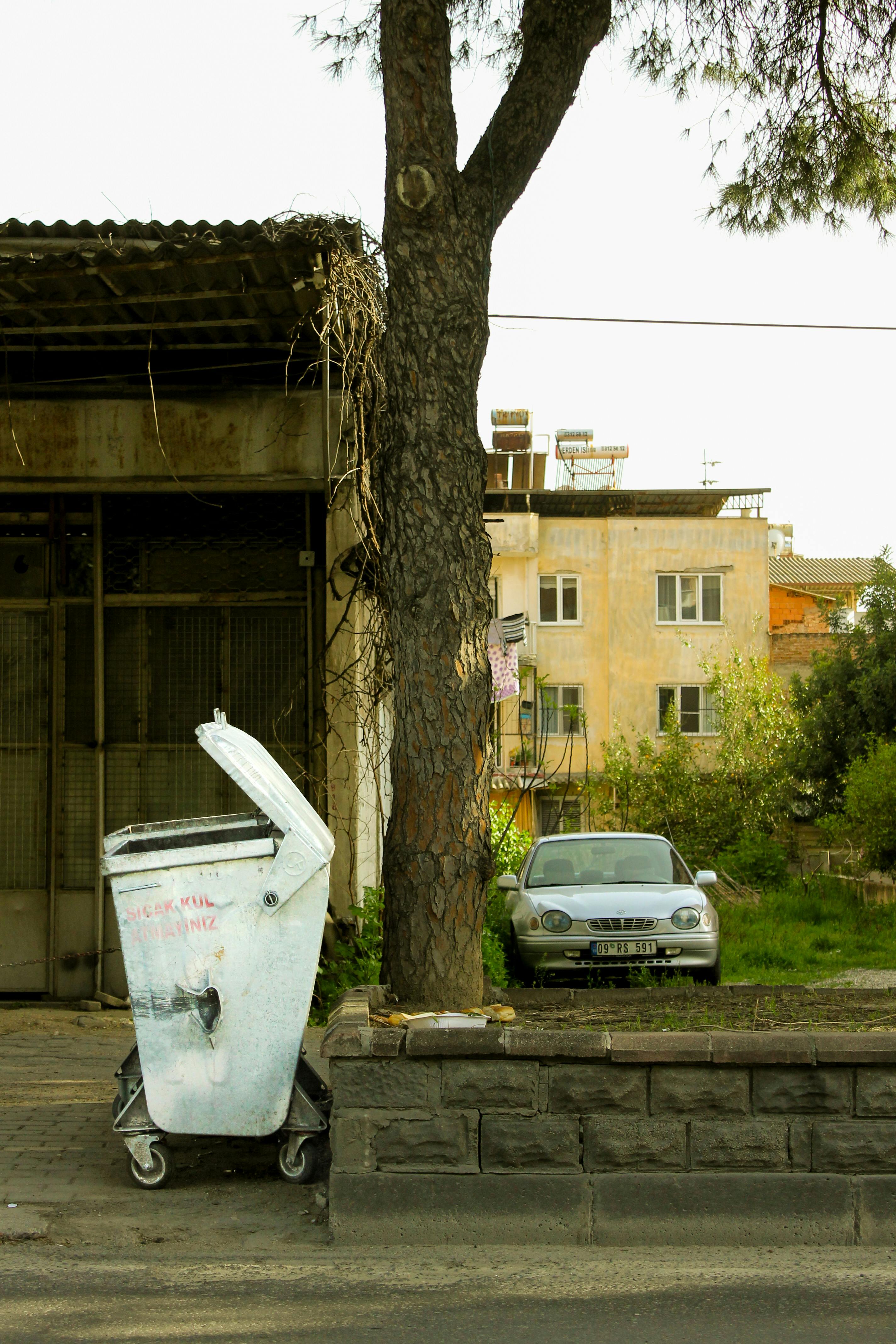 Car Standing Next to a Tree and Trash Can · Free Stock Photo