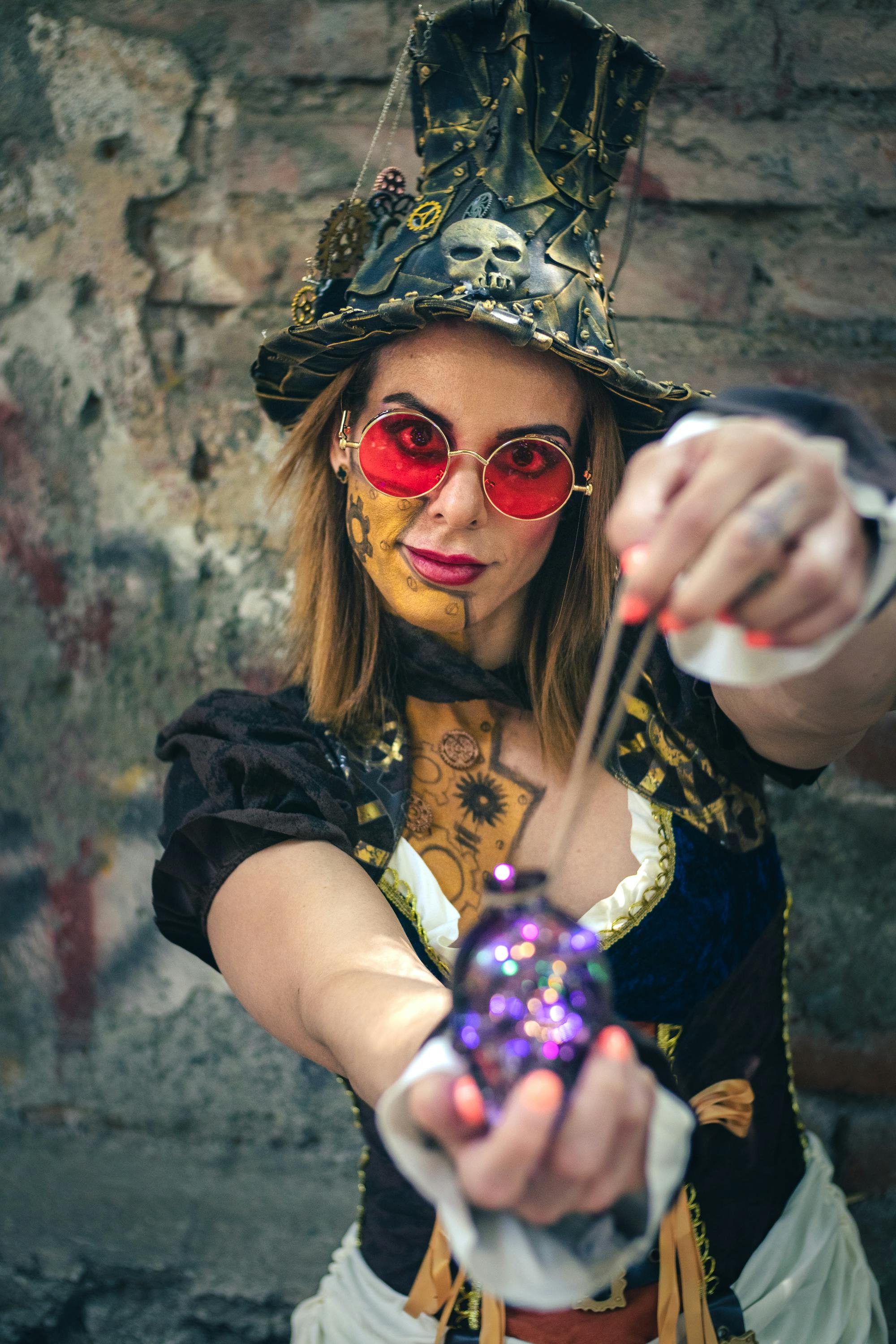 Woman in Steampunk Costume Holding a Purple Perfume Bottle · Free Stock ...