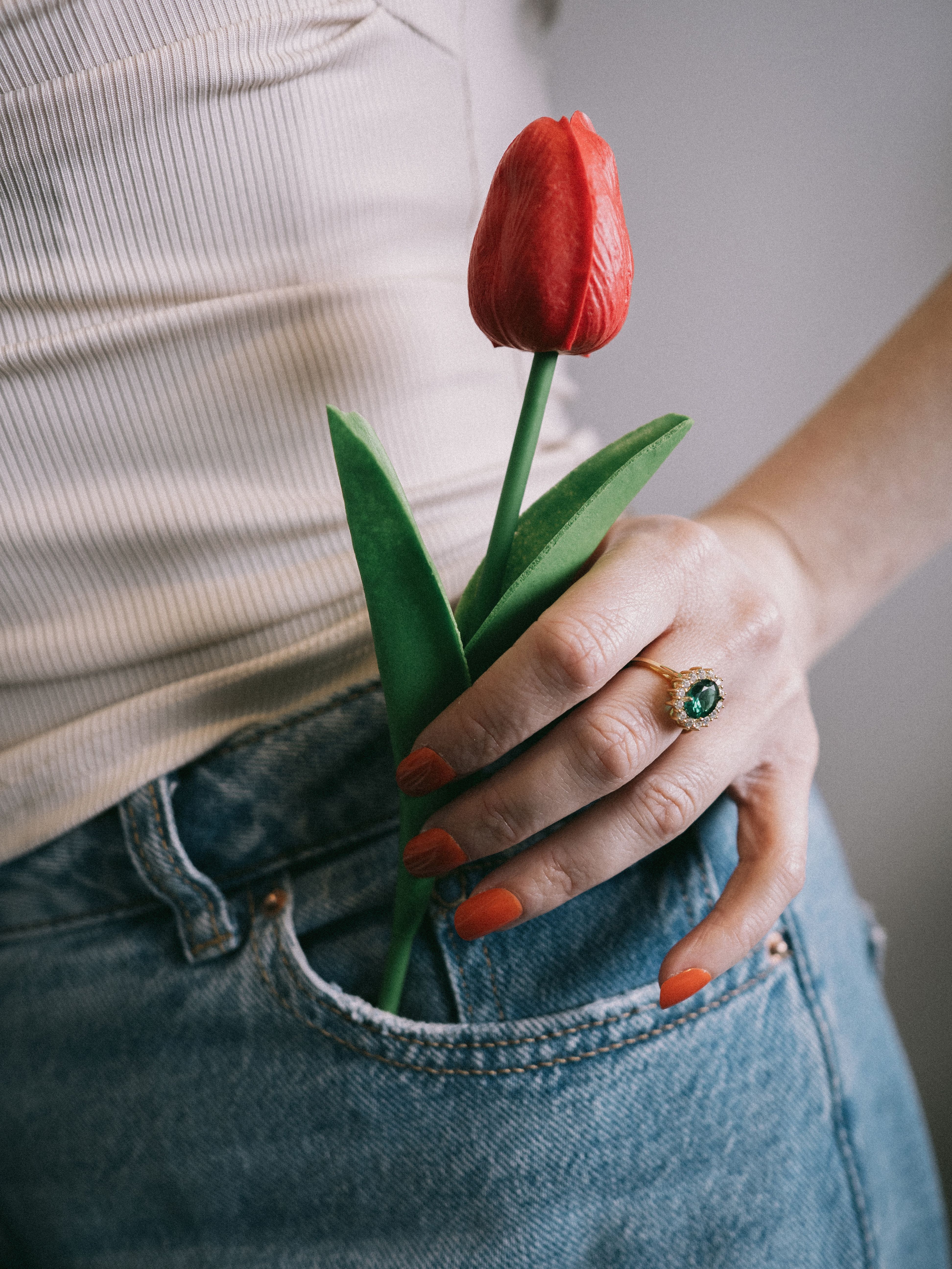 Close-up of Woman Holding a Tulip in Her Pocket · Free Stock Photo