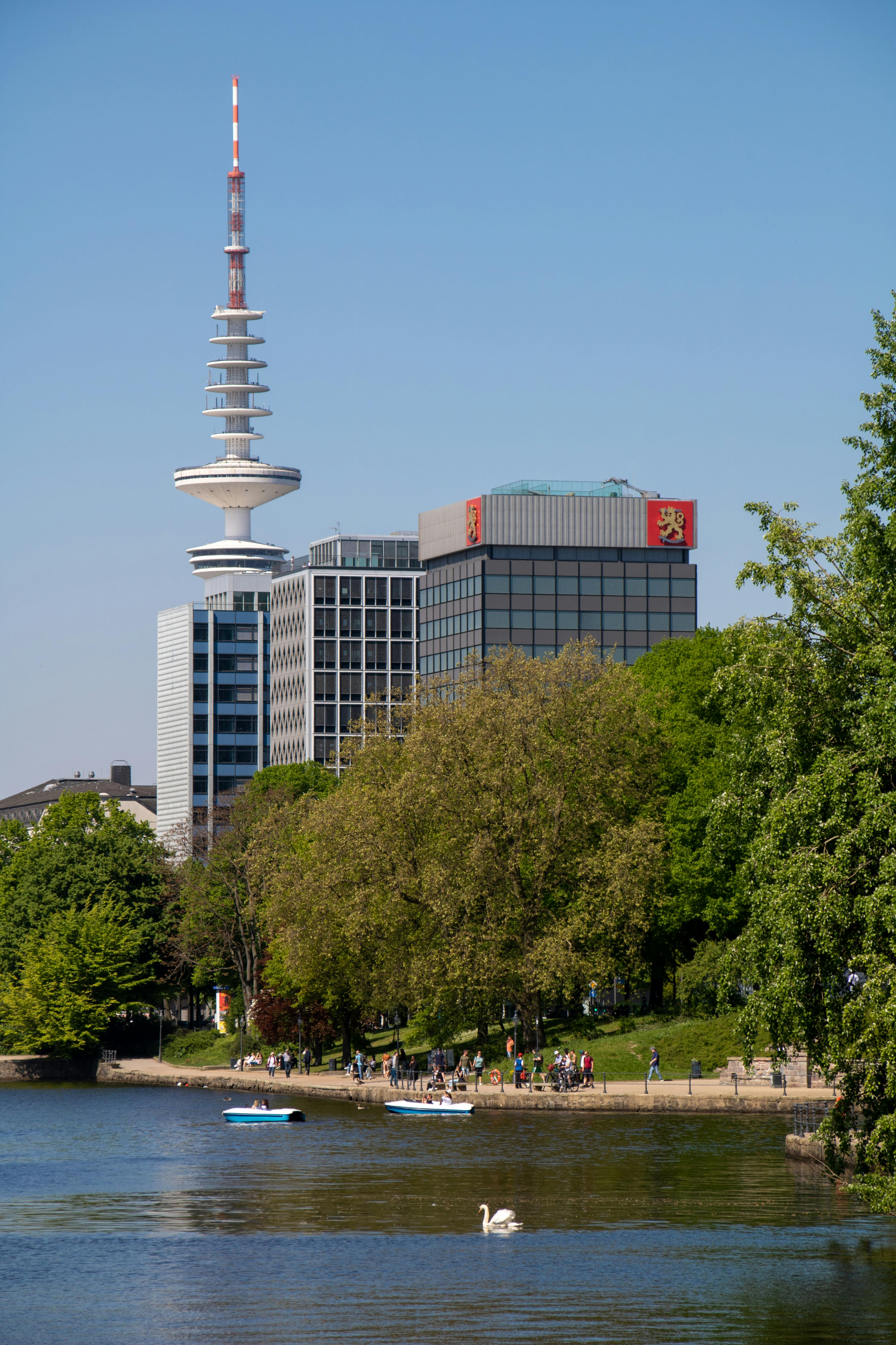 View of the Trees, Modern Buildings and the TV Tower in Hamburg ...