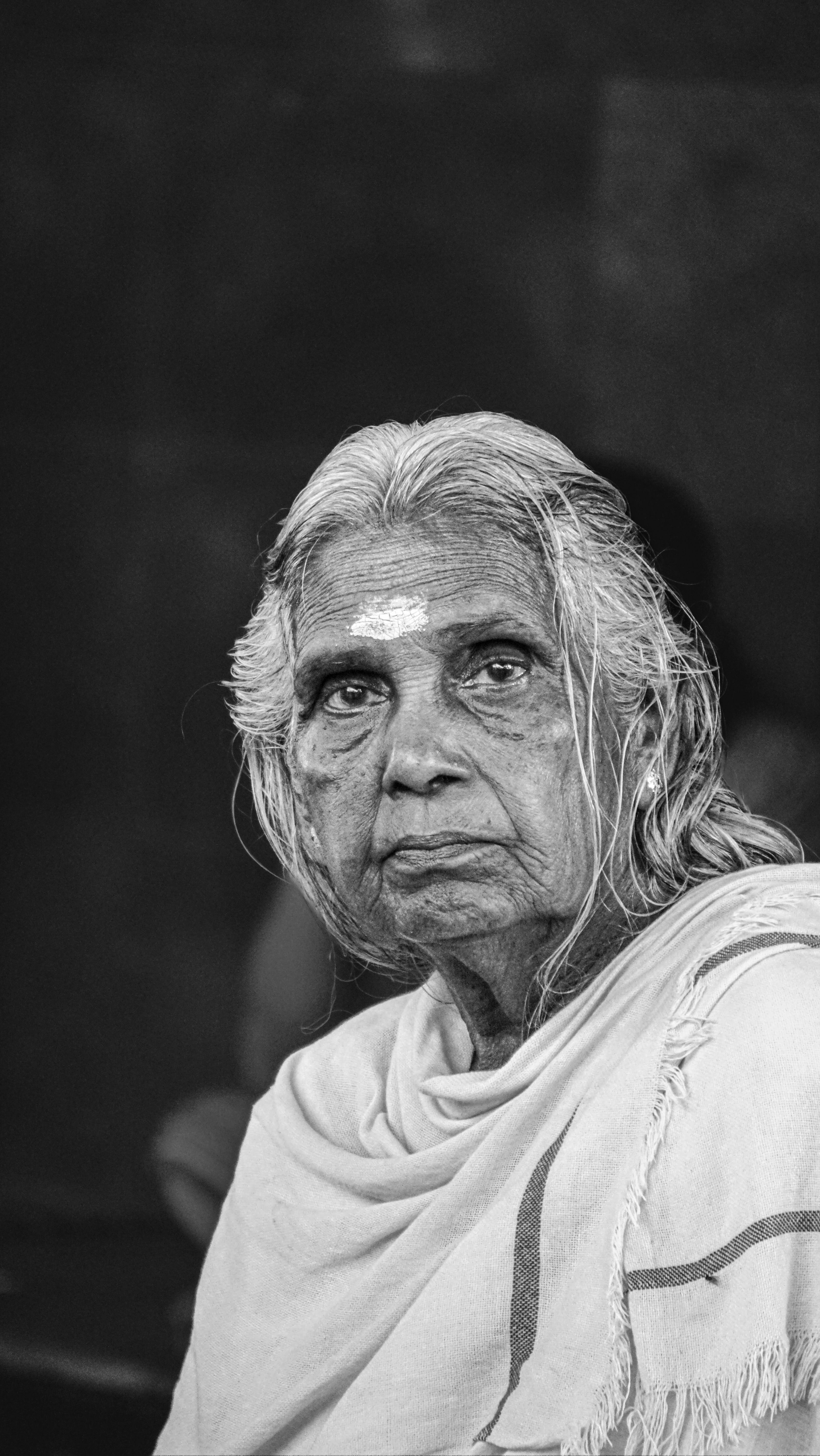 Old Woman with White Bindi on Her Forehead in Black and White · Free ...