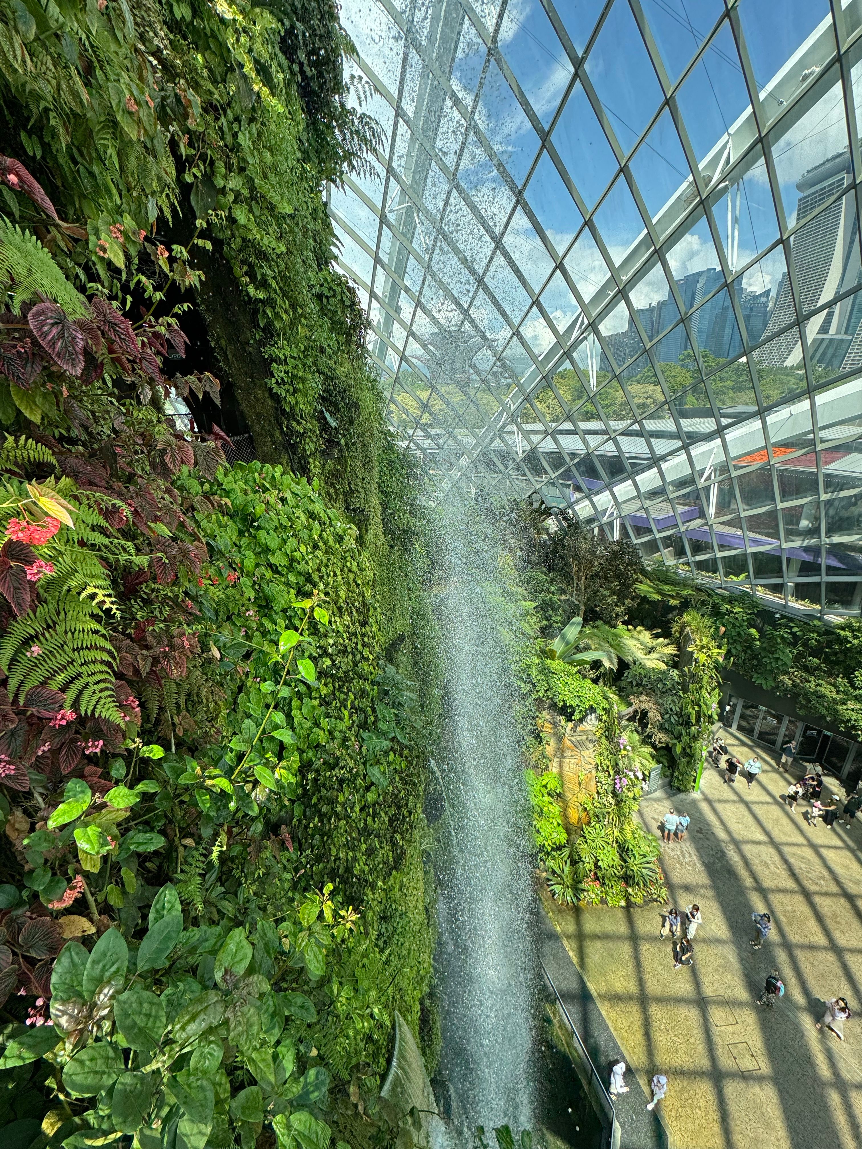 A waterfall in a glass dome with plants and trees · Free Stock Photo