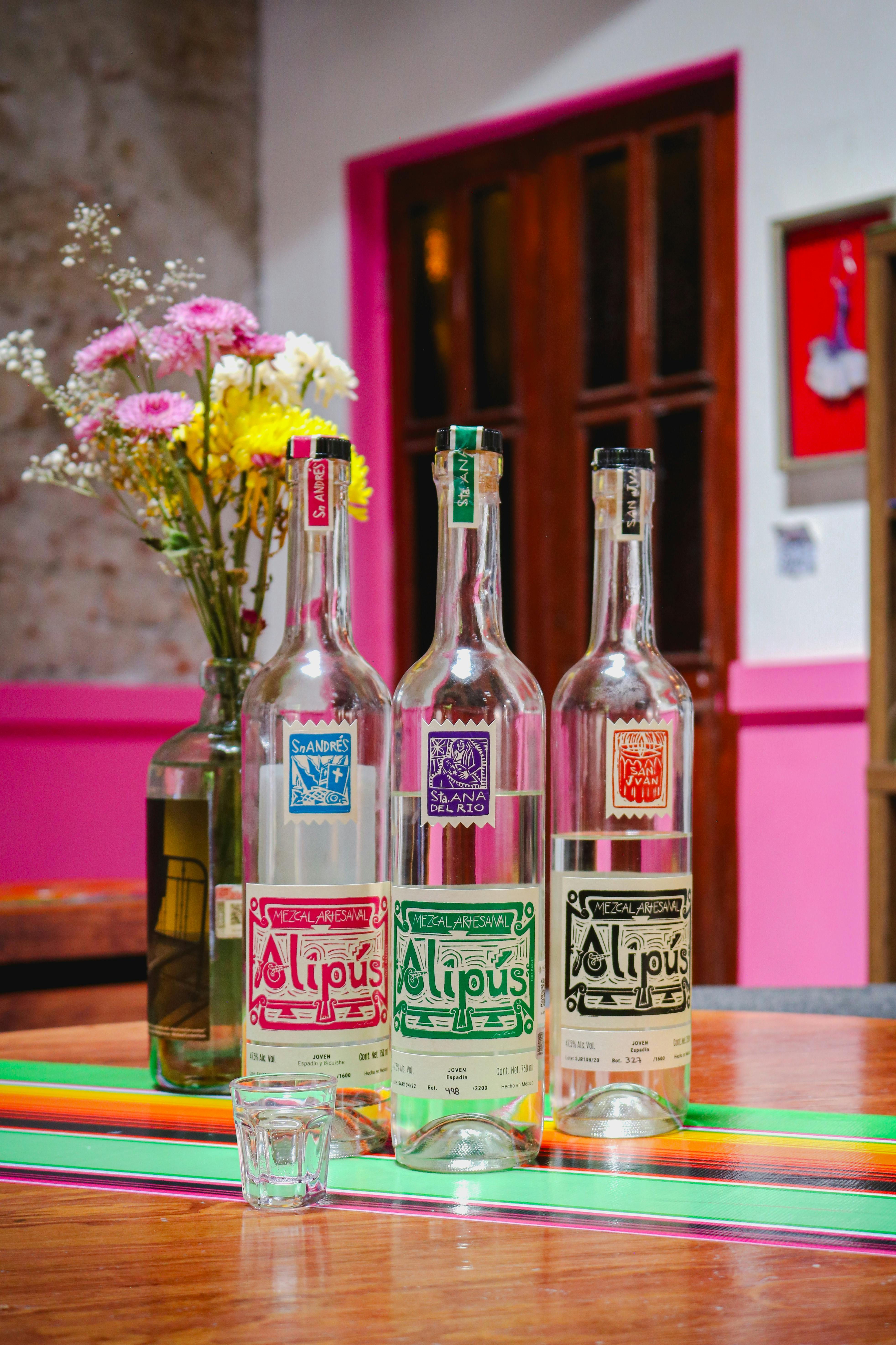 Close-up of Bottles of Mezcal Standing on a Table · Free Stock Photo