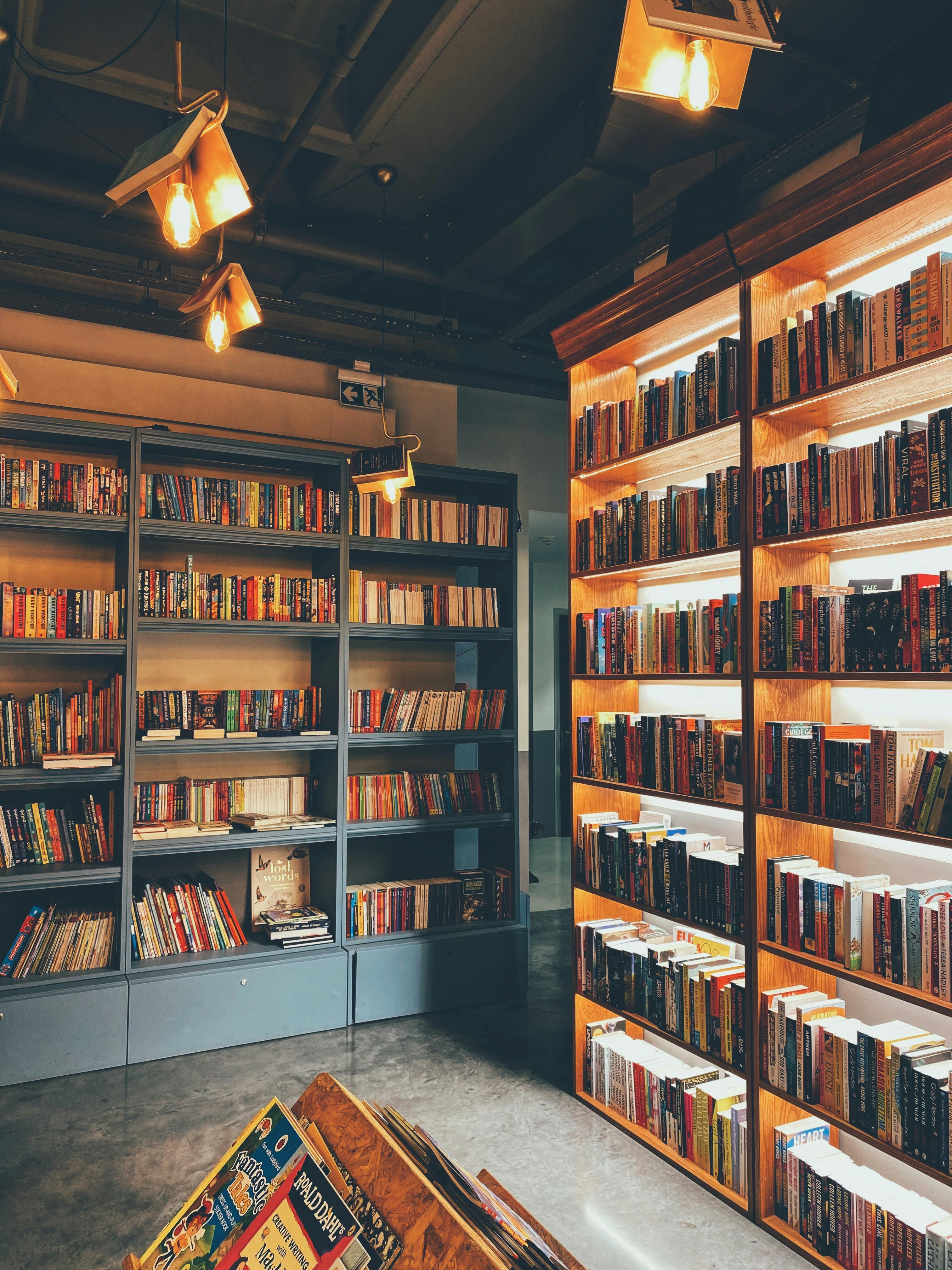 Illuminated Bookcases in Bookstore · Free Stock Photo