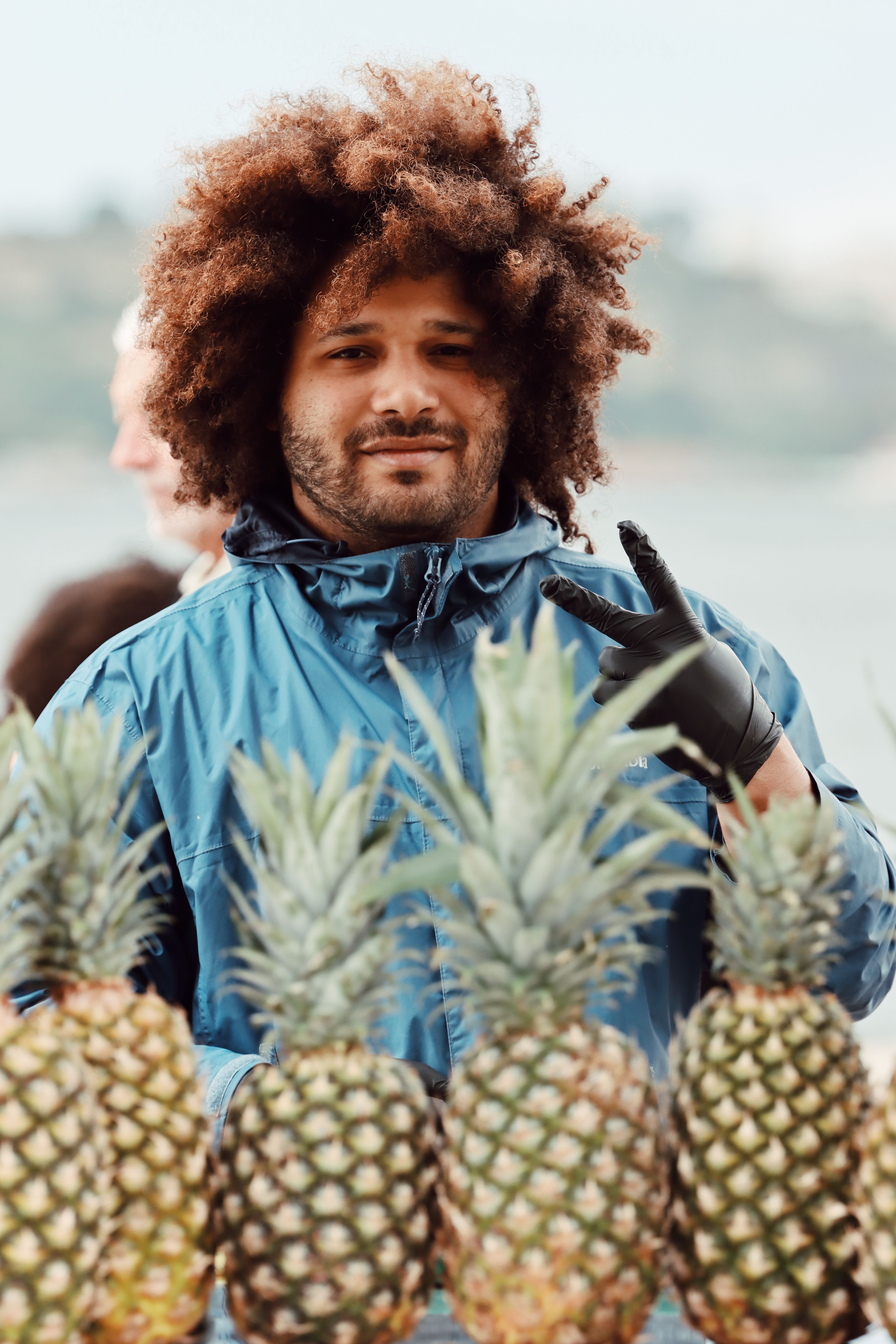 A Man in a Jacket Standing behind a Bunch of Pineapples · Free Stock Photo