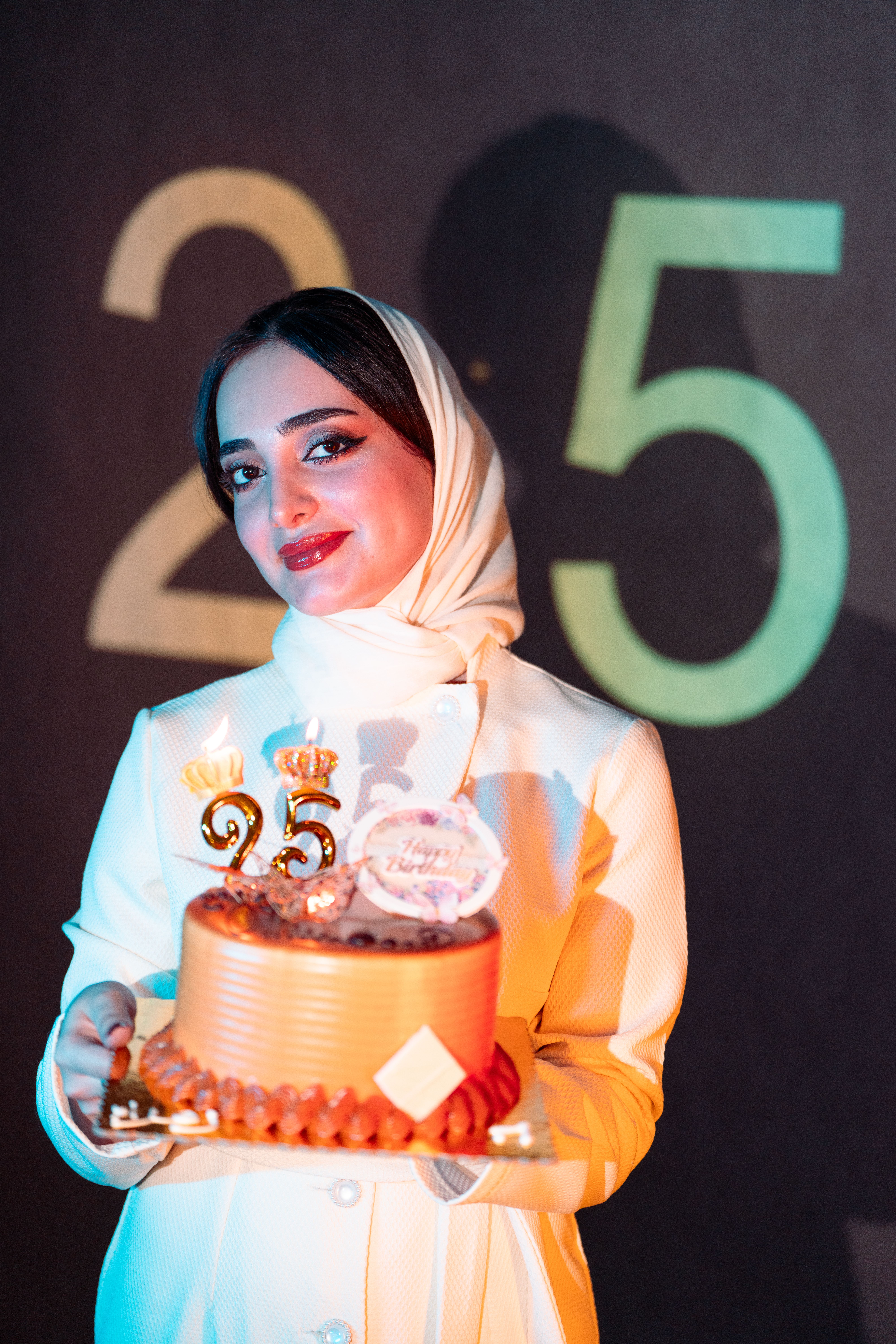 Brunette Woman Wearing Hijab and Formal Jacket Holding Birthday Cake ...