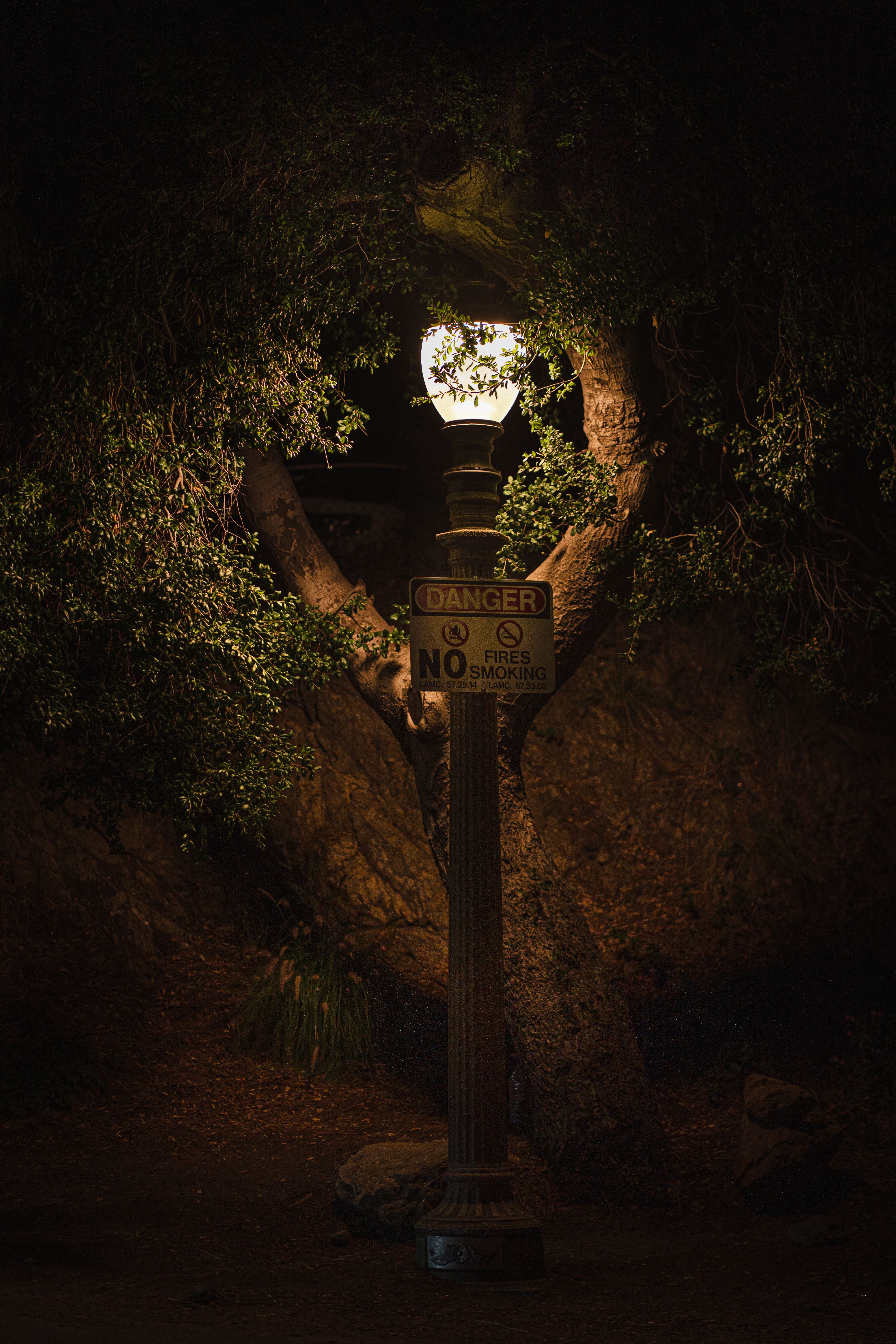 Warning Sign on Lamp at Night · Free Stock Photo