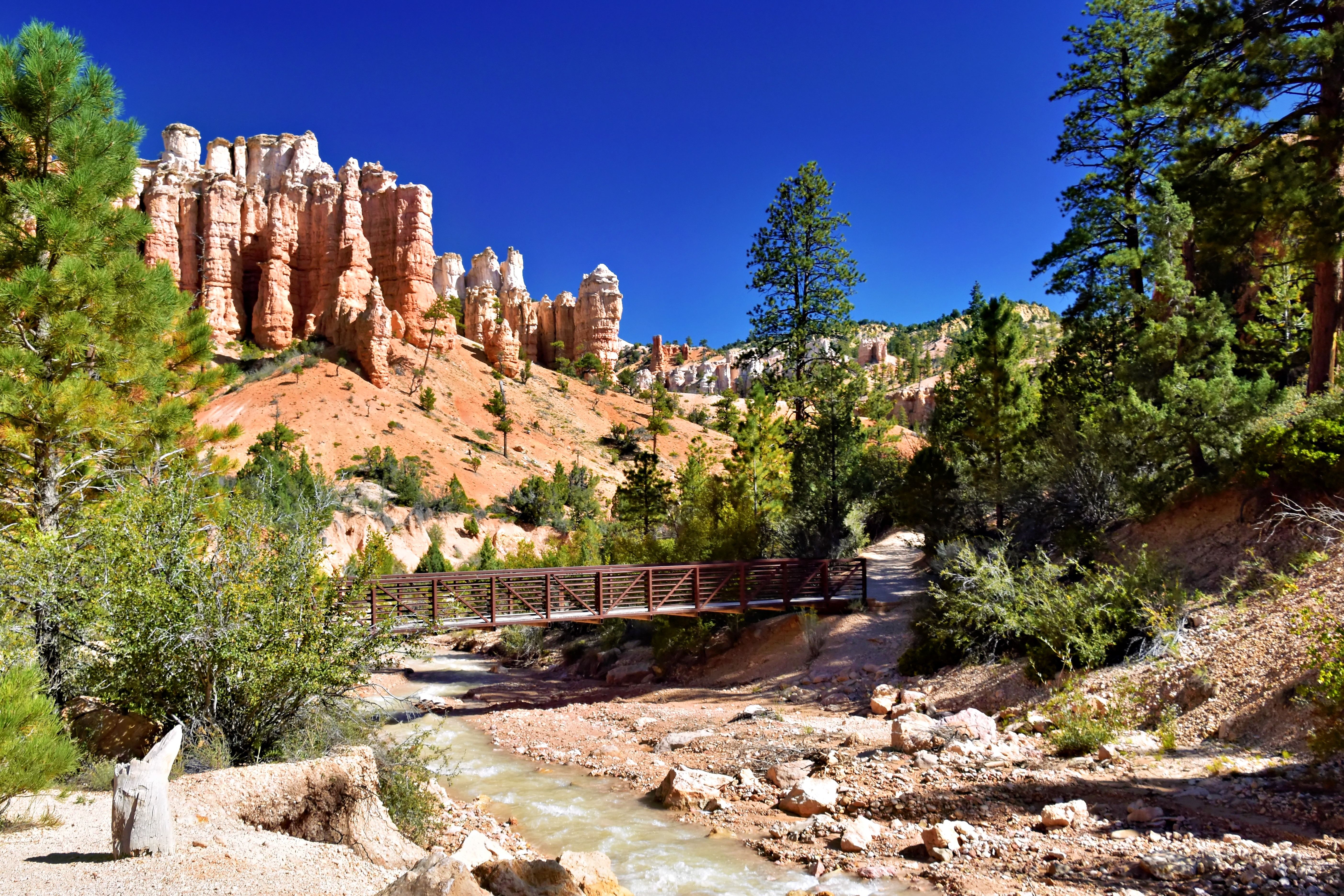 A river running through a canyon with a bridge · Free Stock Photo